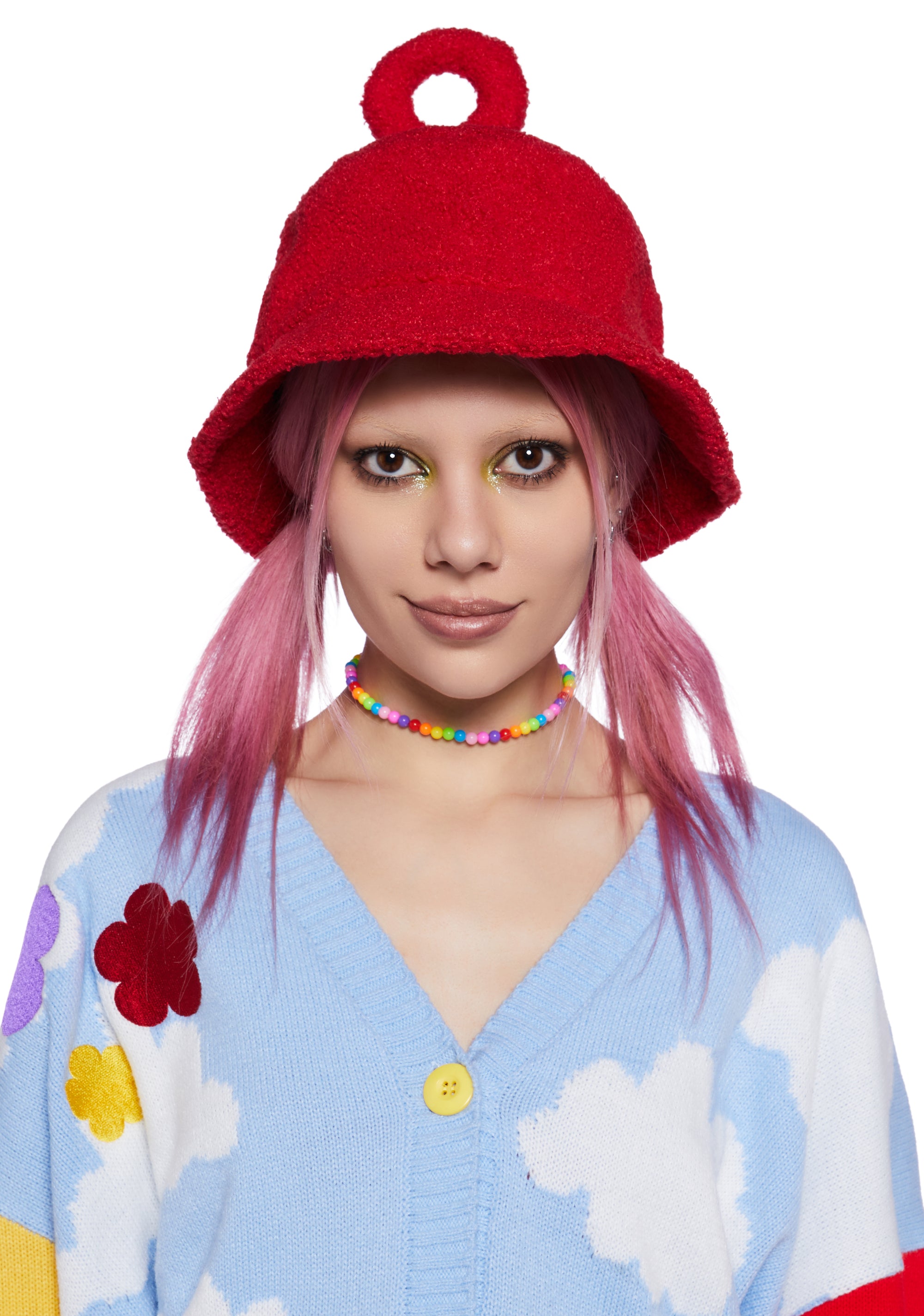 Dolls Kill x Teletubbies Fuzzy Sherpa Po Bucket Hat 90s - Red