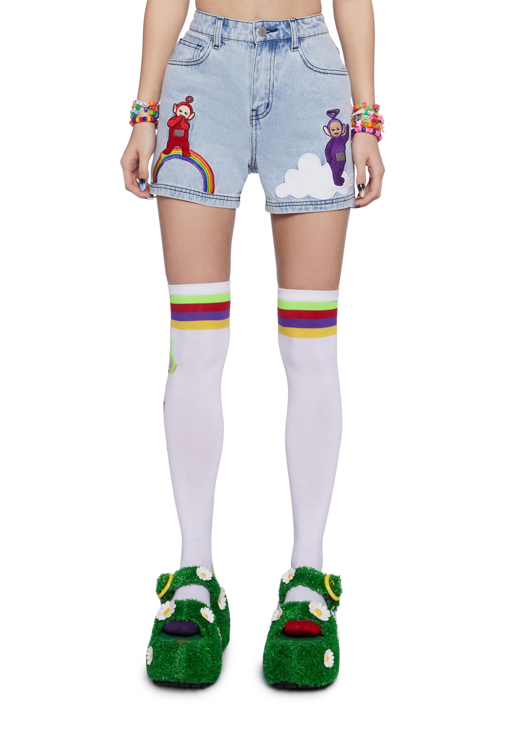 Dolls Kill x Teletubbies High Waisted Embroidered Denim Shorts - Light Blue