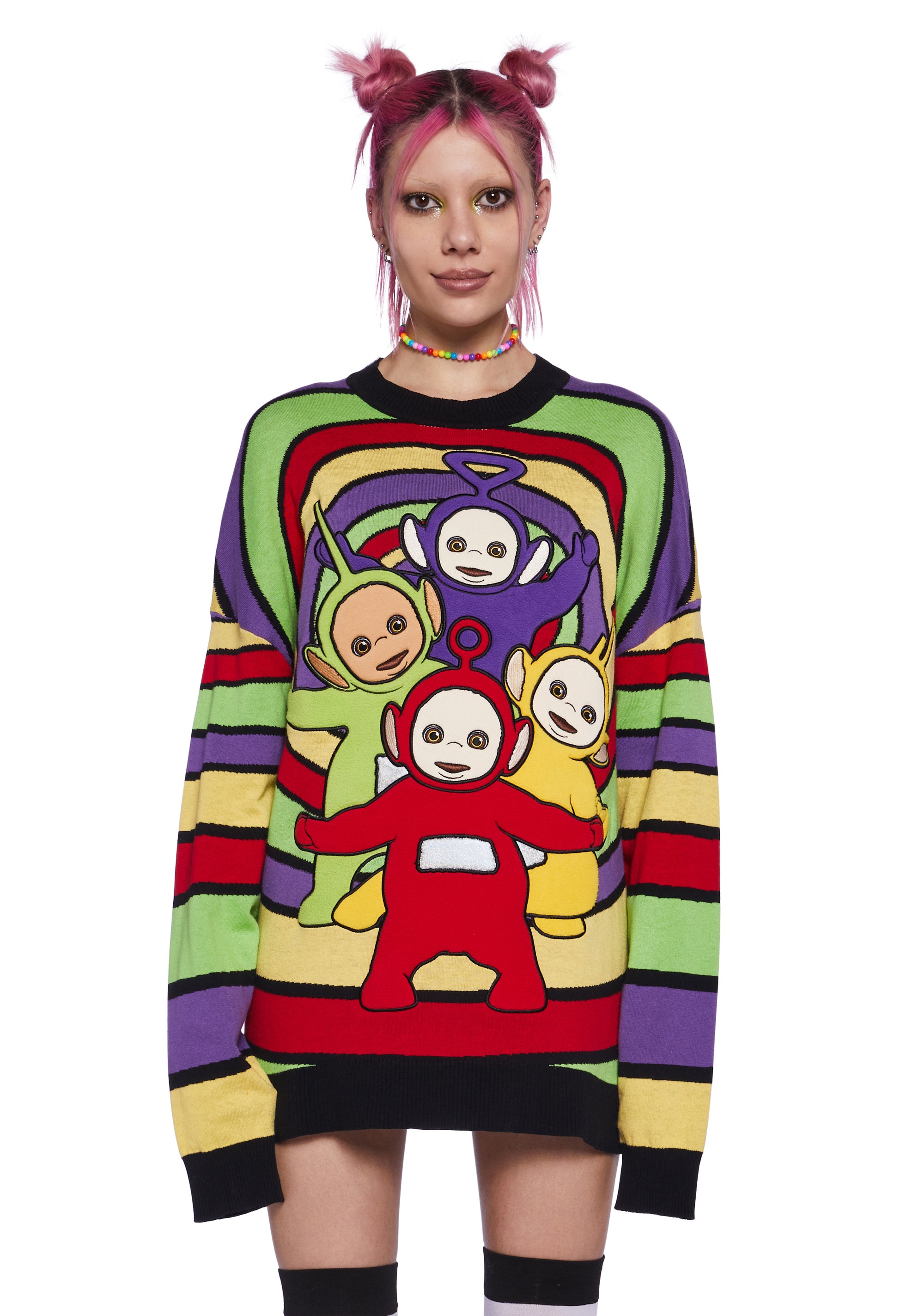 Dolls Kill x Teletubbies Oversized Striped Knit Sweater Tinky Winky La ...
