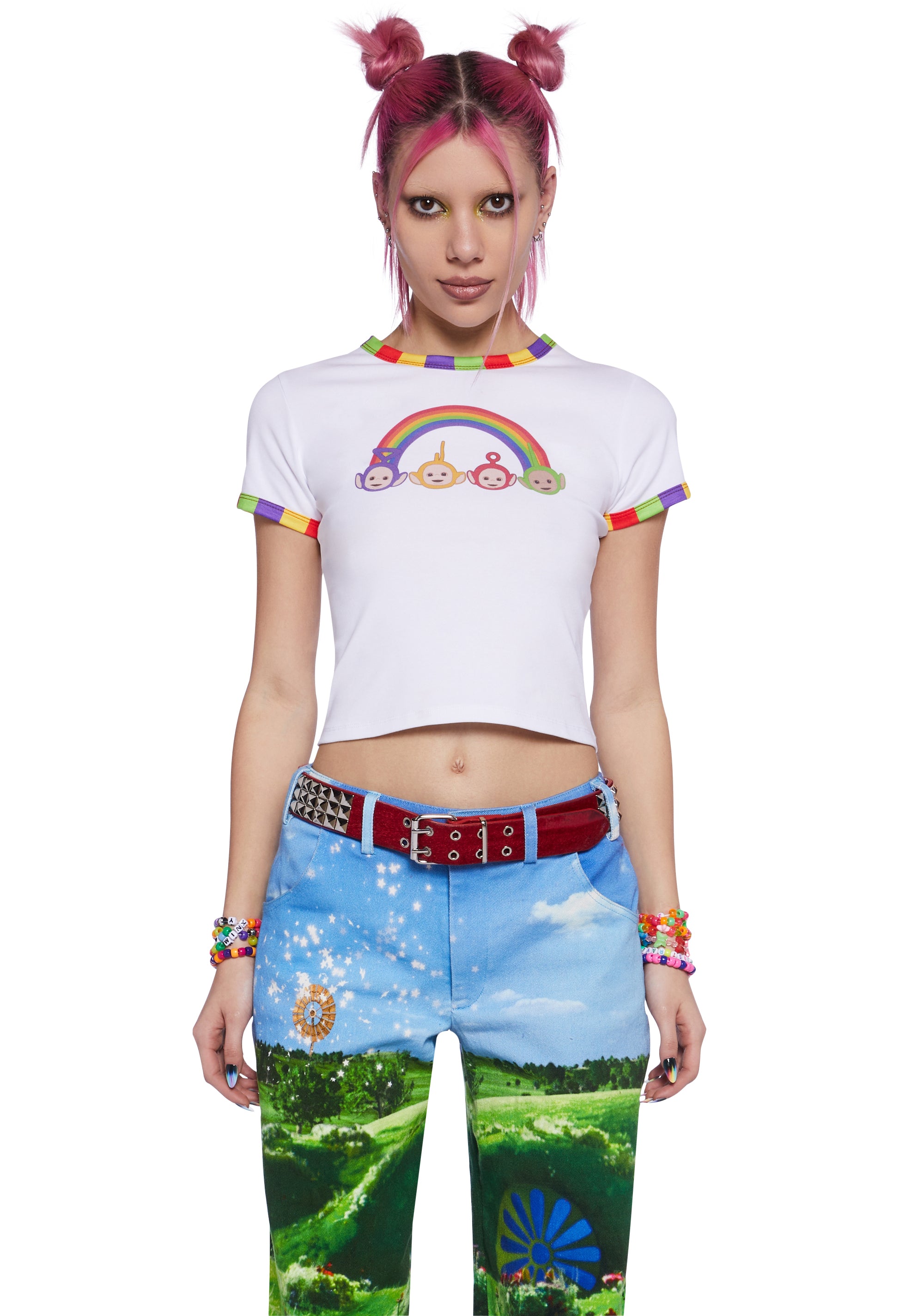Dolls Kill x Teletubbies Rainbow Graphic Baby Tee - White