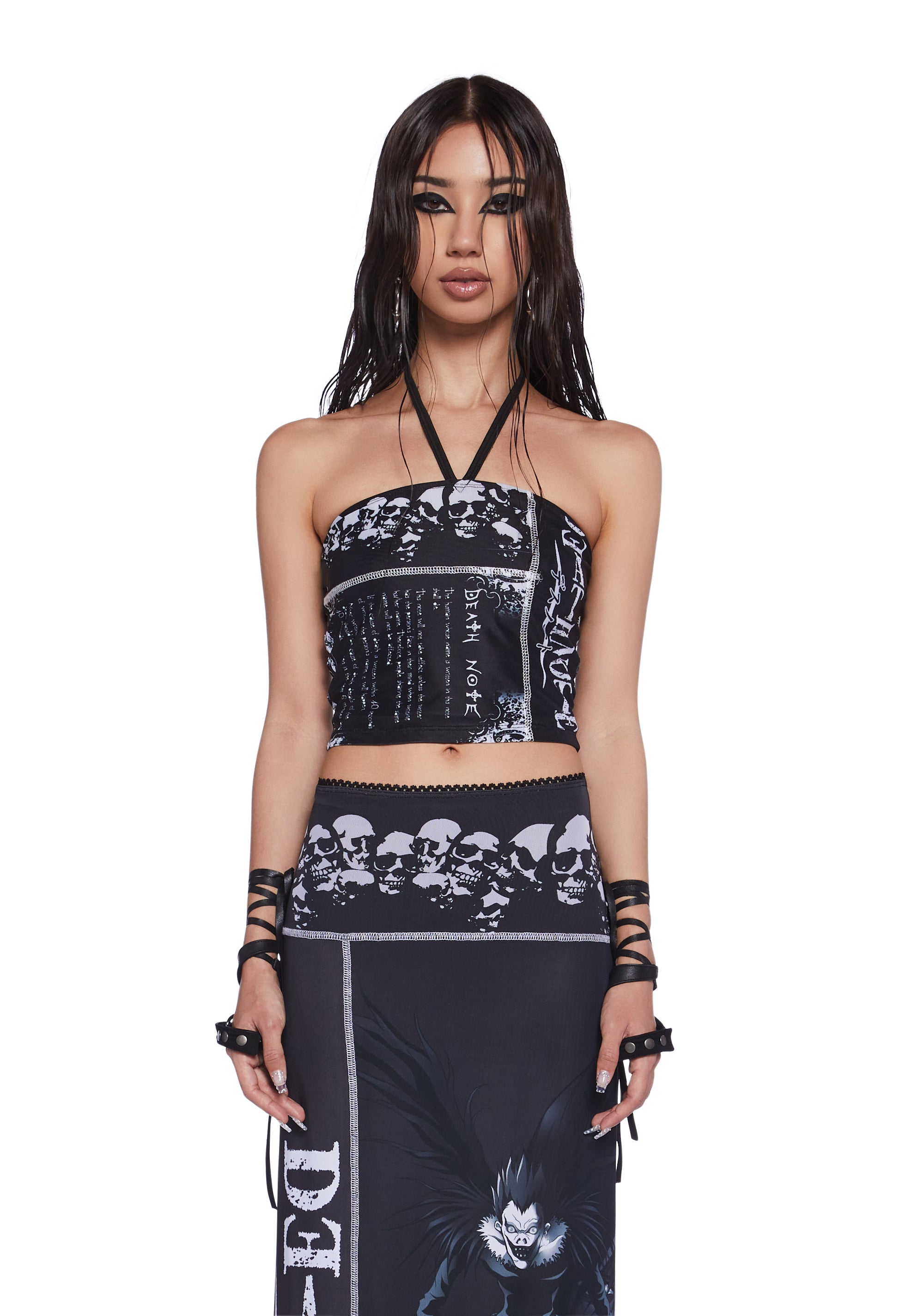 Dolls Kill x Death Note Graphic Mesh Panel Tube Halter Top - Black