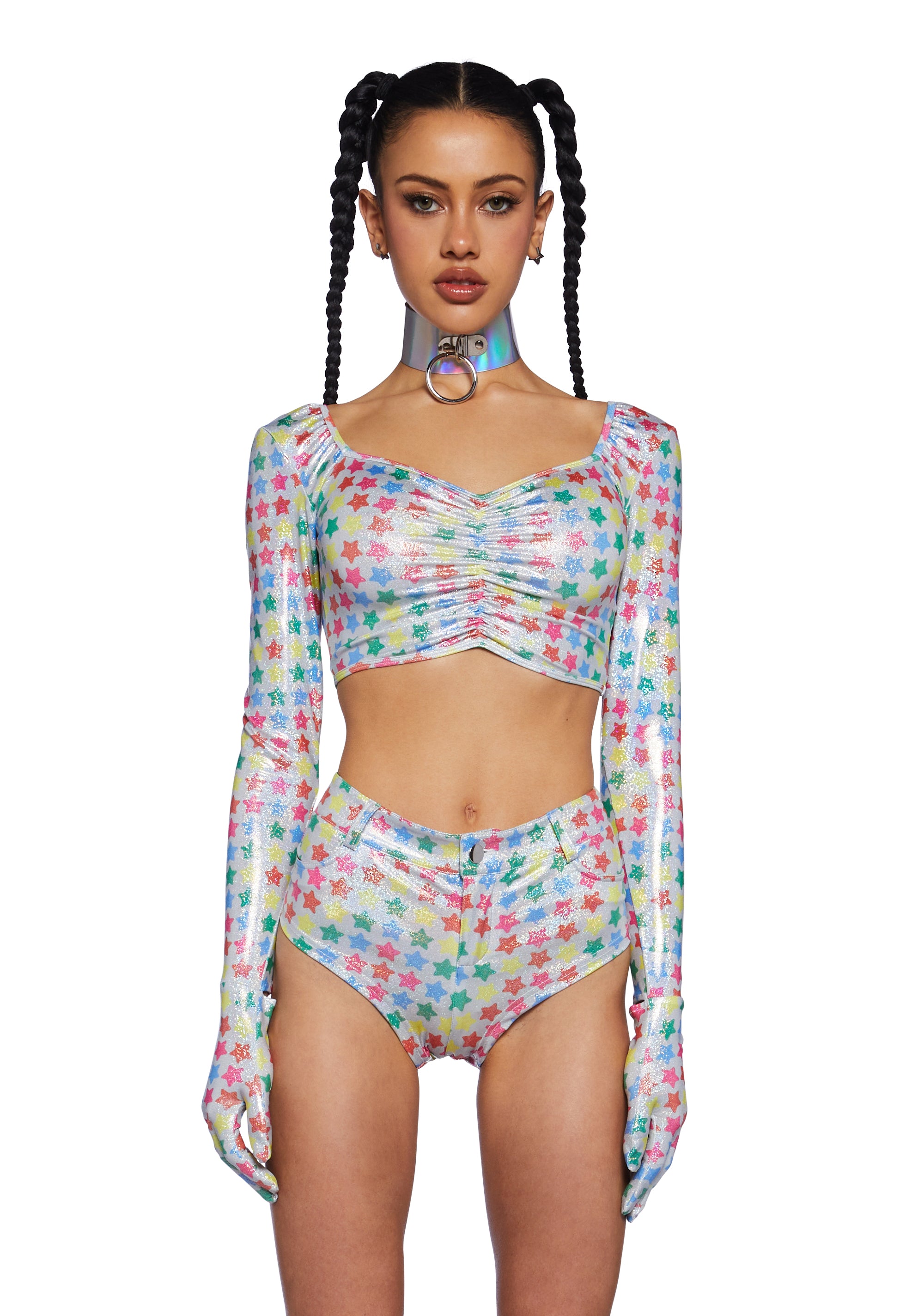 Club Exx Stretchy Glitter Rainbow Star Gloved Top - Multi – Dolls Kill