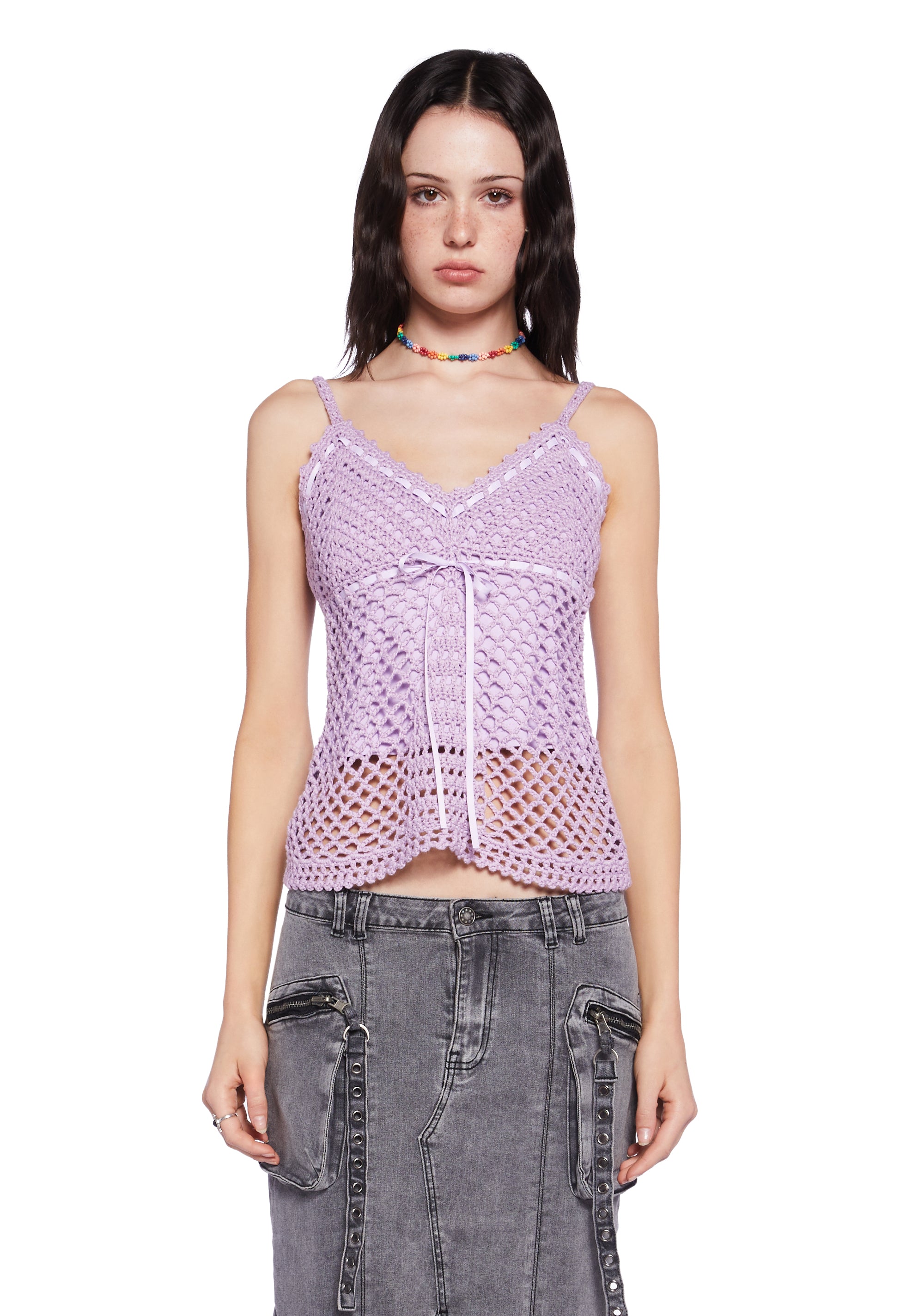 Delia's By Dollskill Crochet Cami Tank With Ribbons - Purple – Dolls Kill