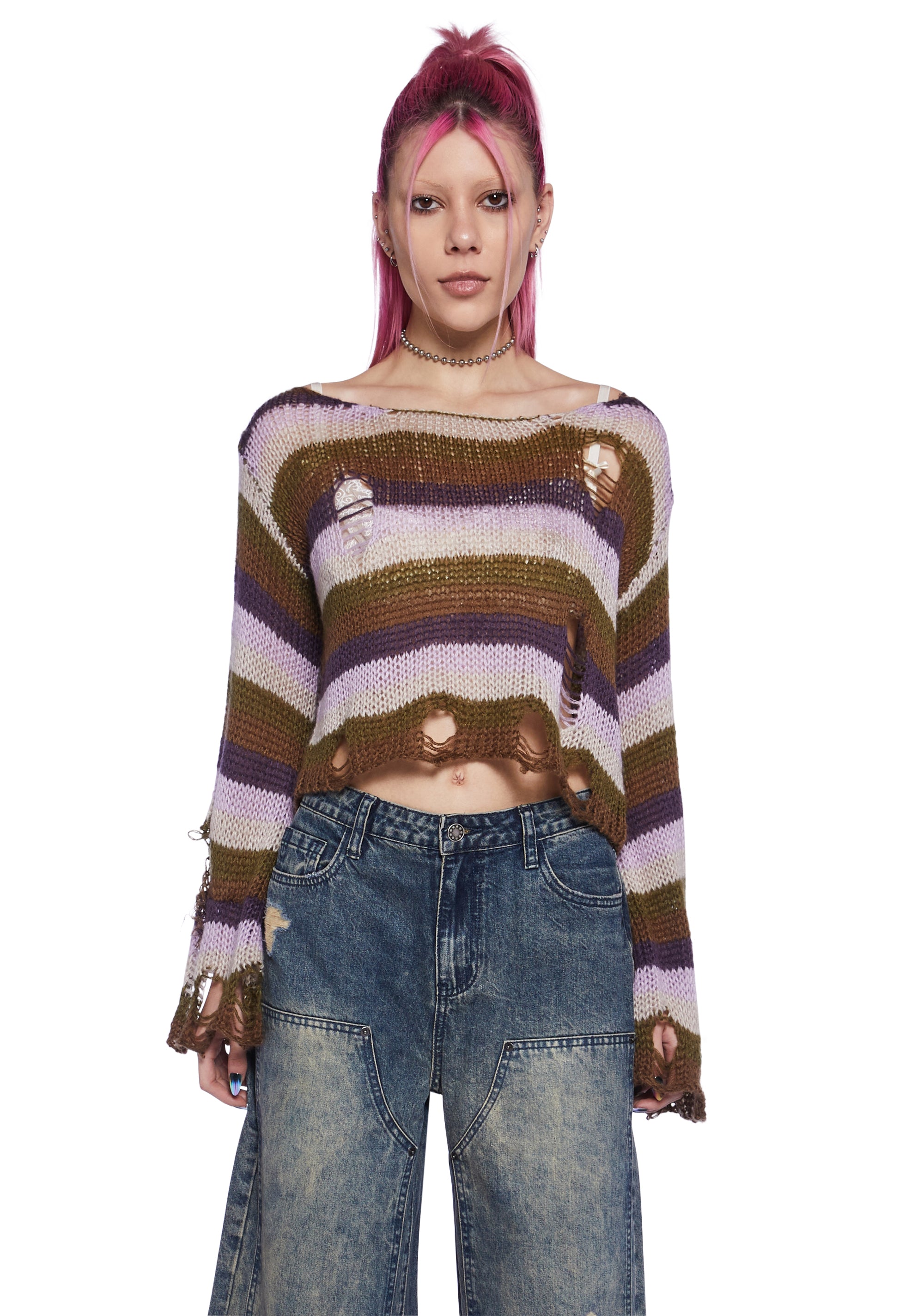 Delia's by Dollskill Striped Knit Distressed Cropped Sweater - Multi ...