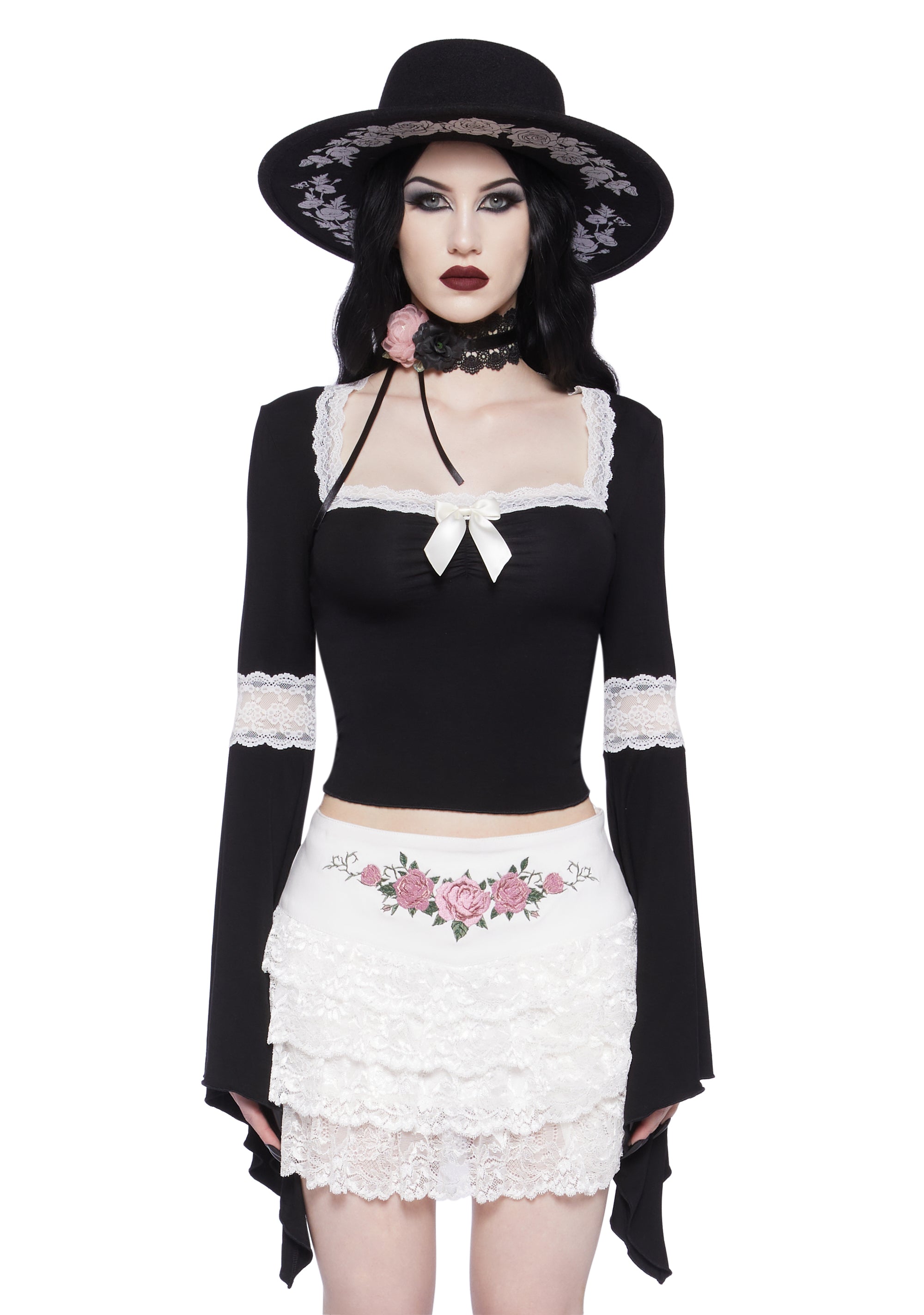 Widow Rayon Goth Witchcore Spandex Long Sleeve Lace Top - Black – Dolls ...