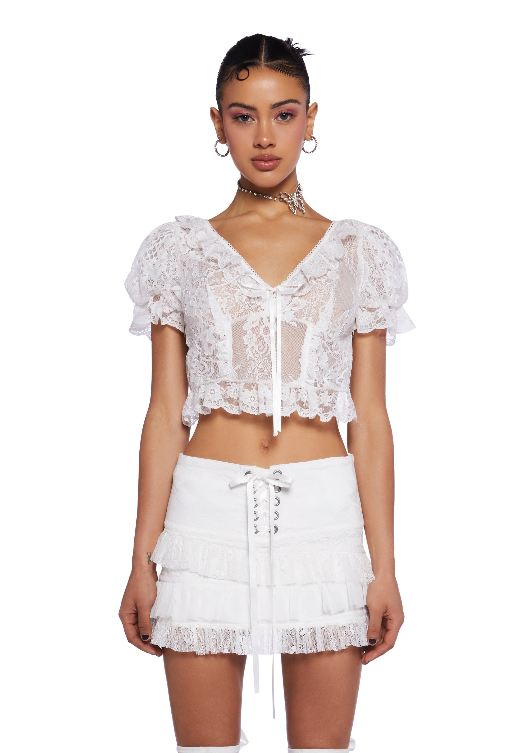 Sugar Thrillz Regency Sheer Floral Mesh Lace Ruffled Lace-Up Blouse ...