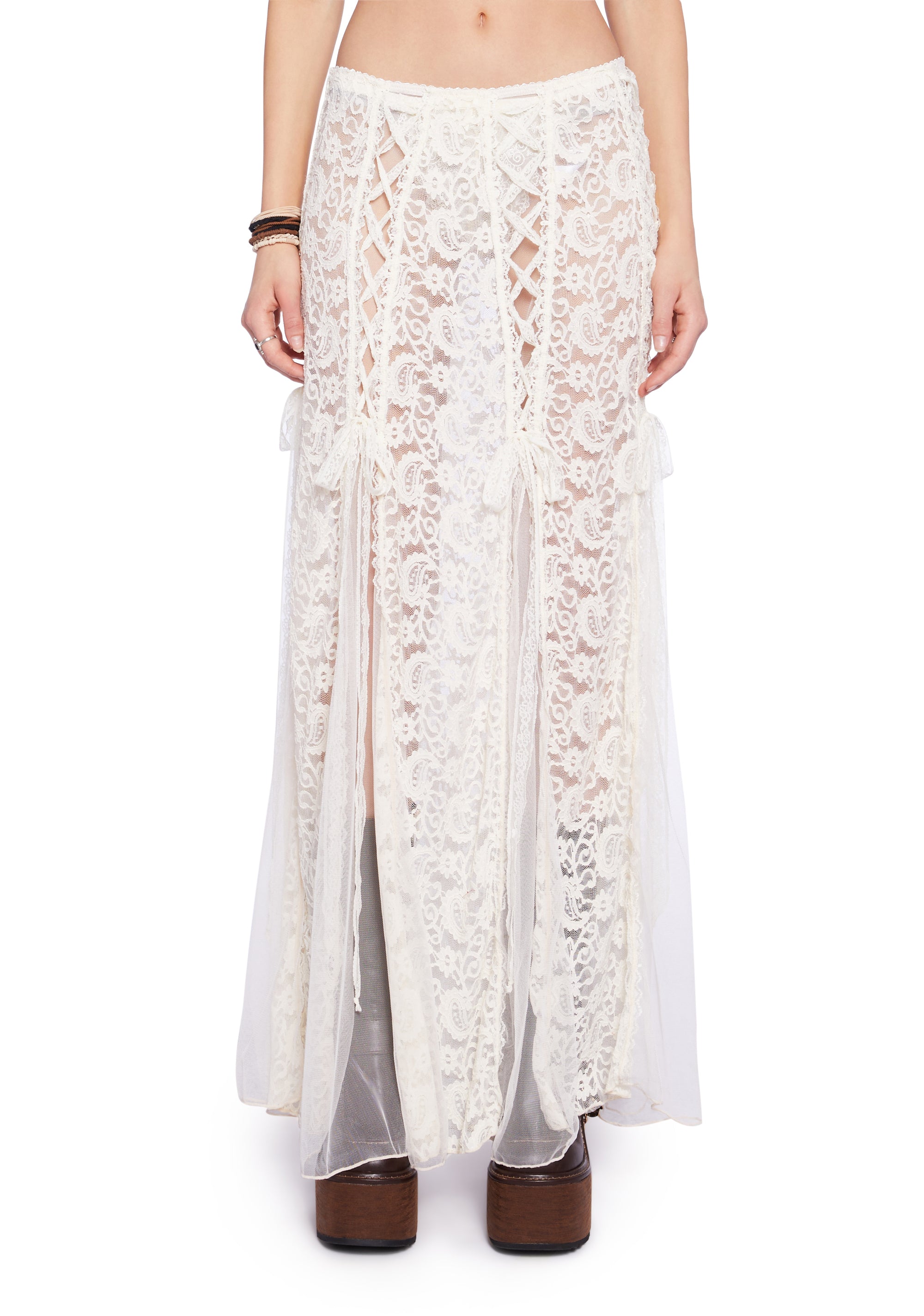 Current Mood Sheer Floral Mesh Lace Self-Tie Maxi Skirt - Off White ...