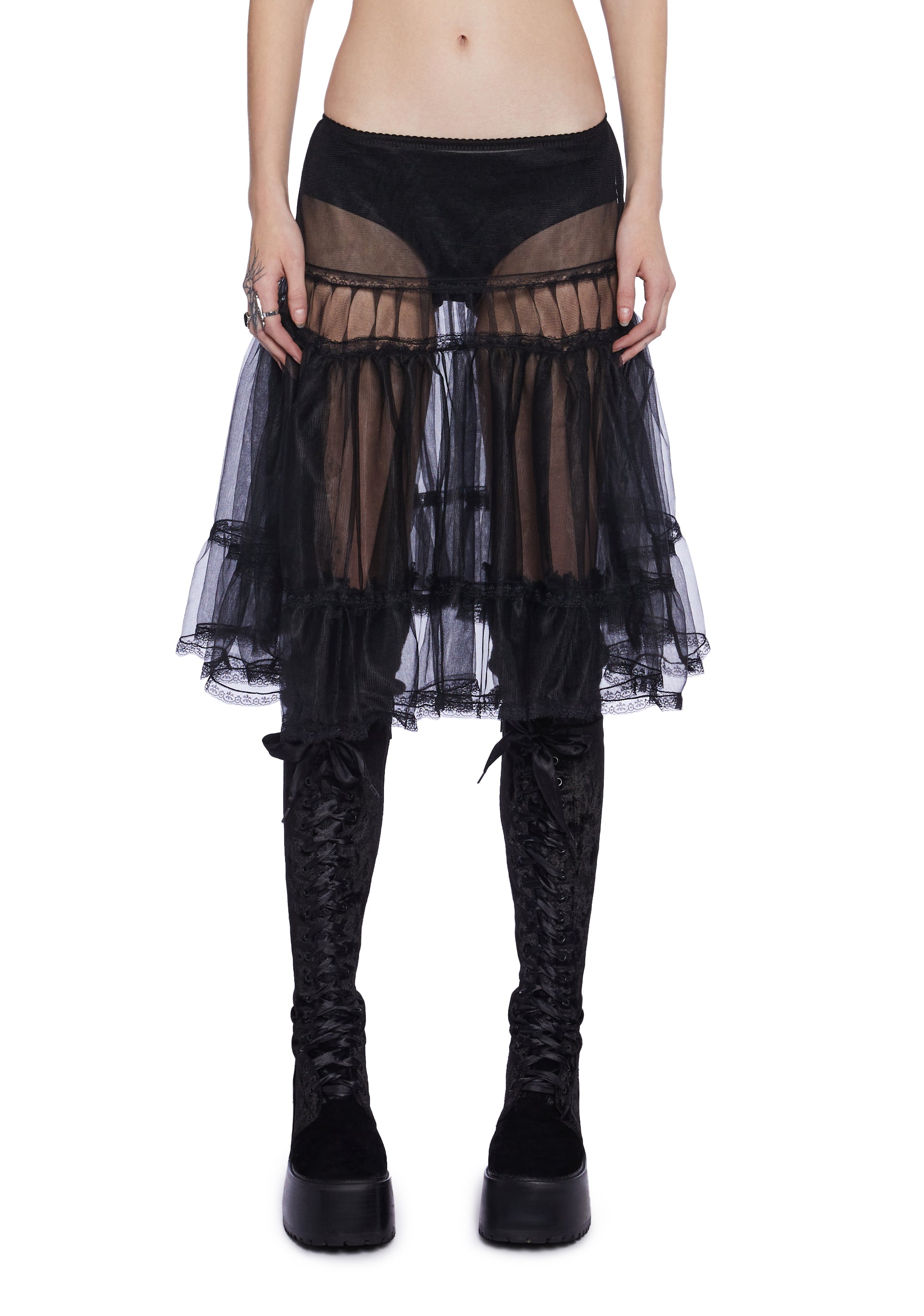 Widow Sheer Mesh Ruffle Lace Midi Skirt - Black – Dolls Kill