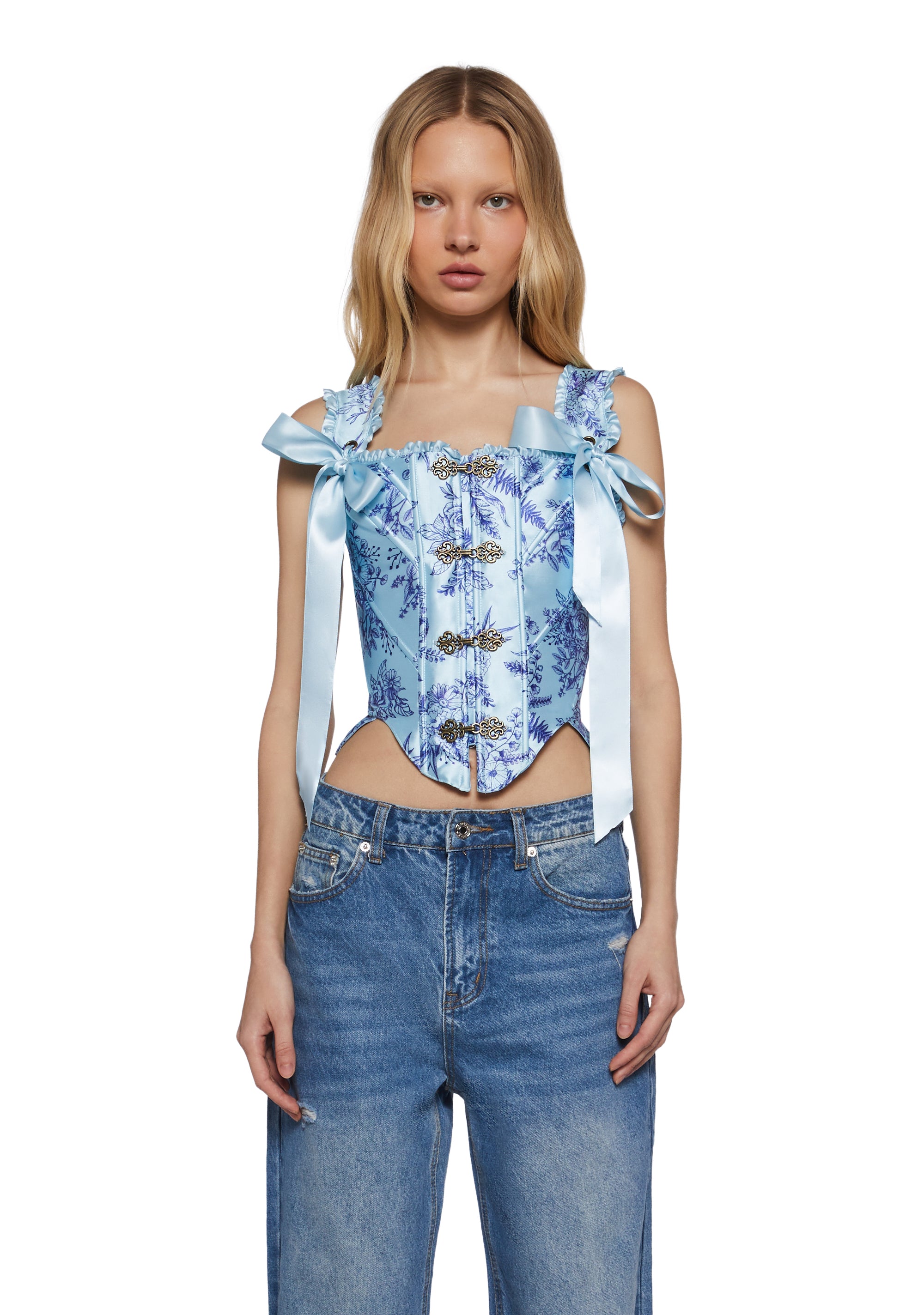 Regency Floral Satin Ribbon Lace-Up Corset Top Sugar Thrillz - Blue ...