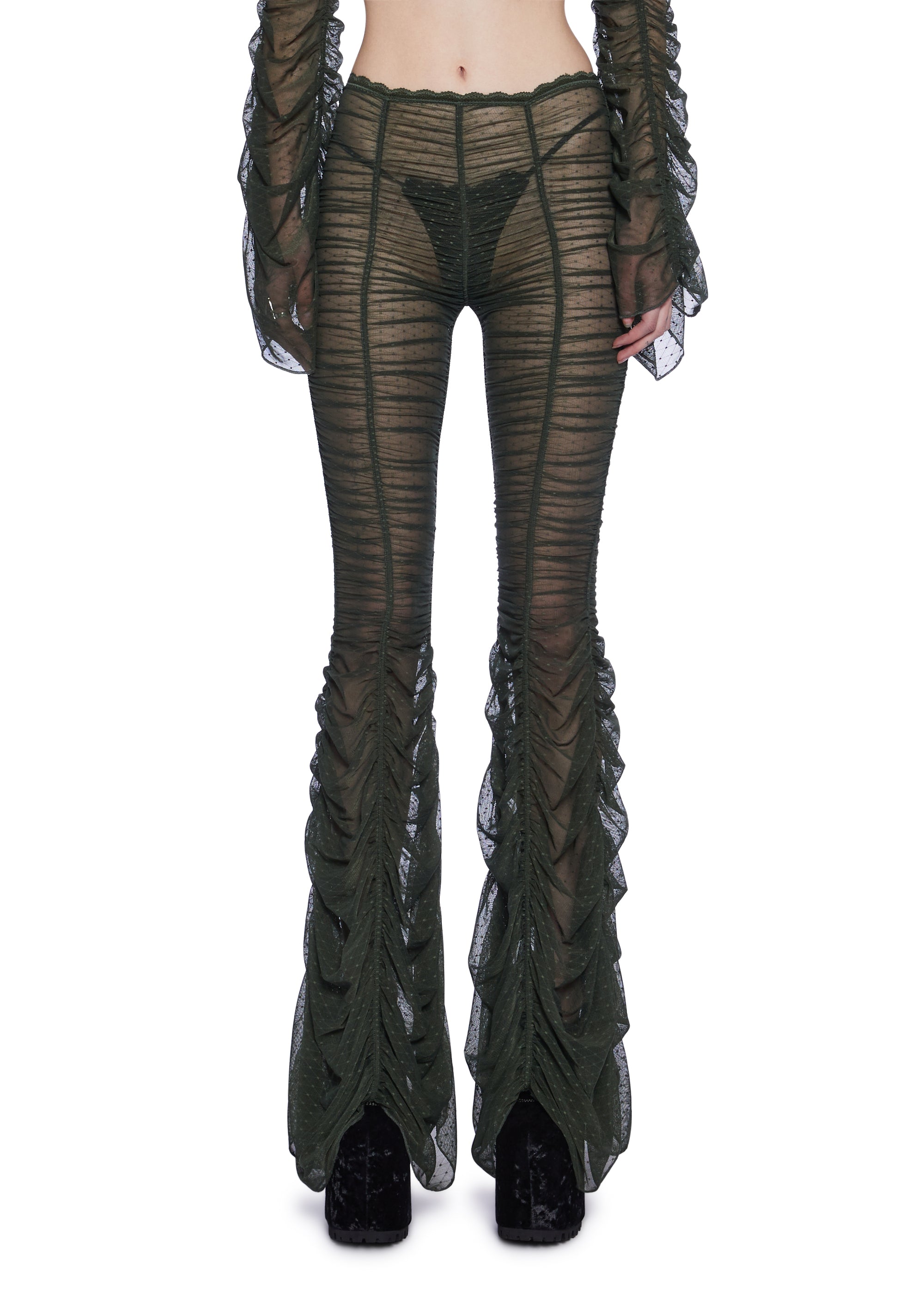 Widow Sheer Mesh Swiss Dot Flared Pants With Ruching Witch - Green ...