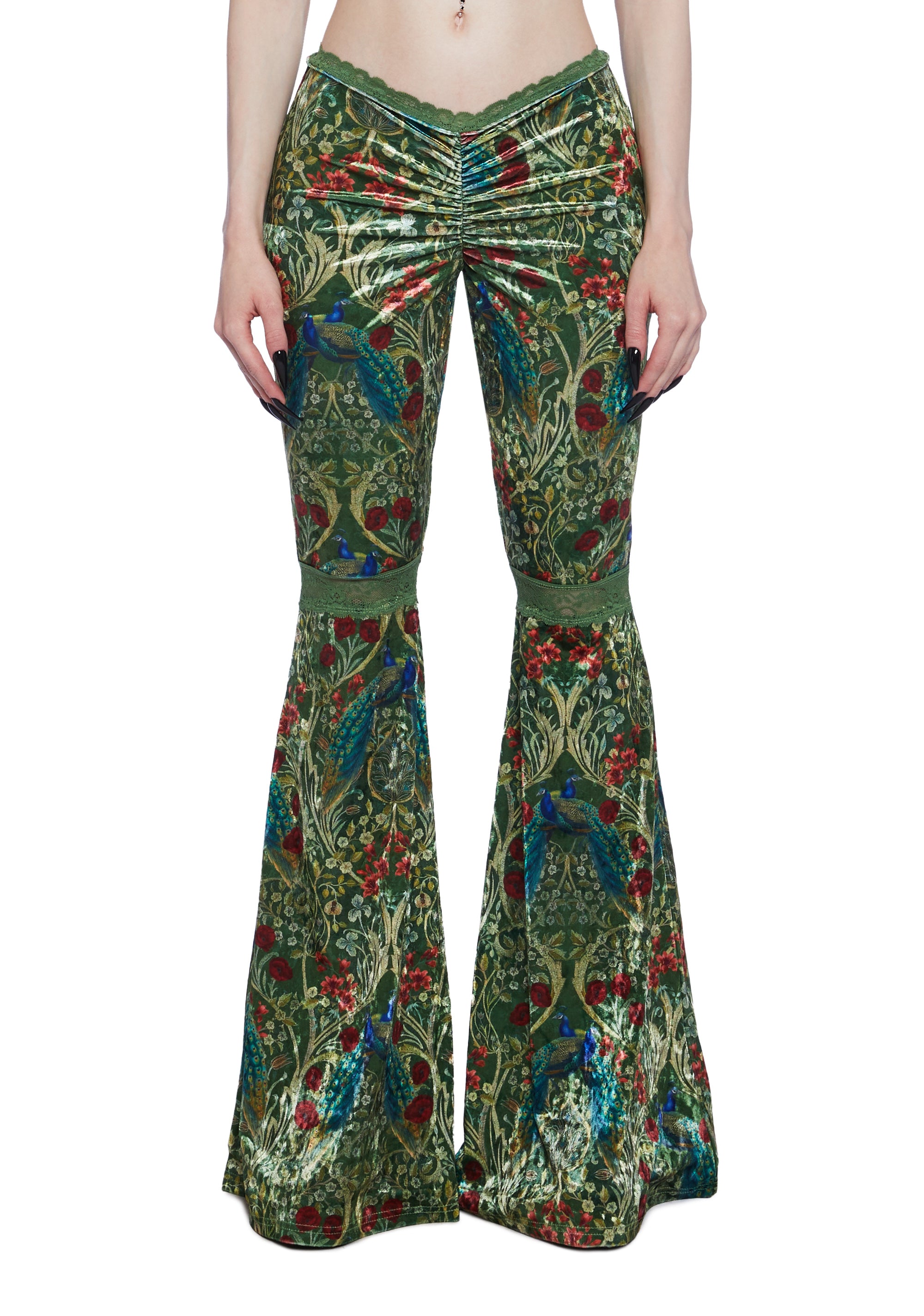 Widow Peacock Floral Print Velvet Flare Pants - Multi – Dolls Kill