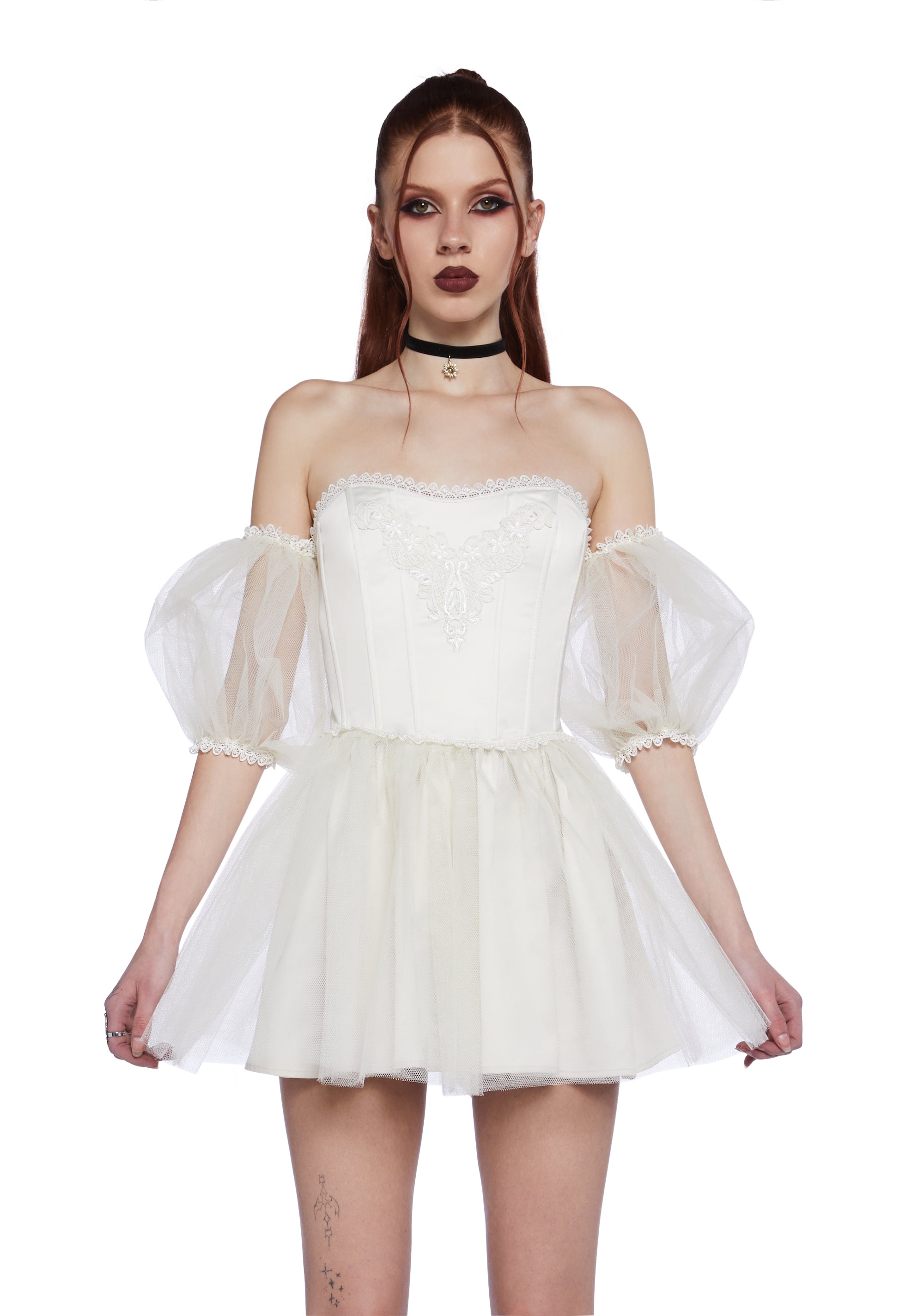 Widow Goth Satin Mesh Puff Sleeve Corset Mini Dress - White – Dolls Kill