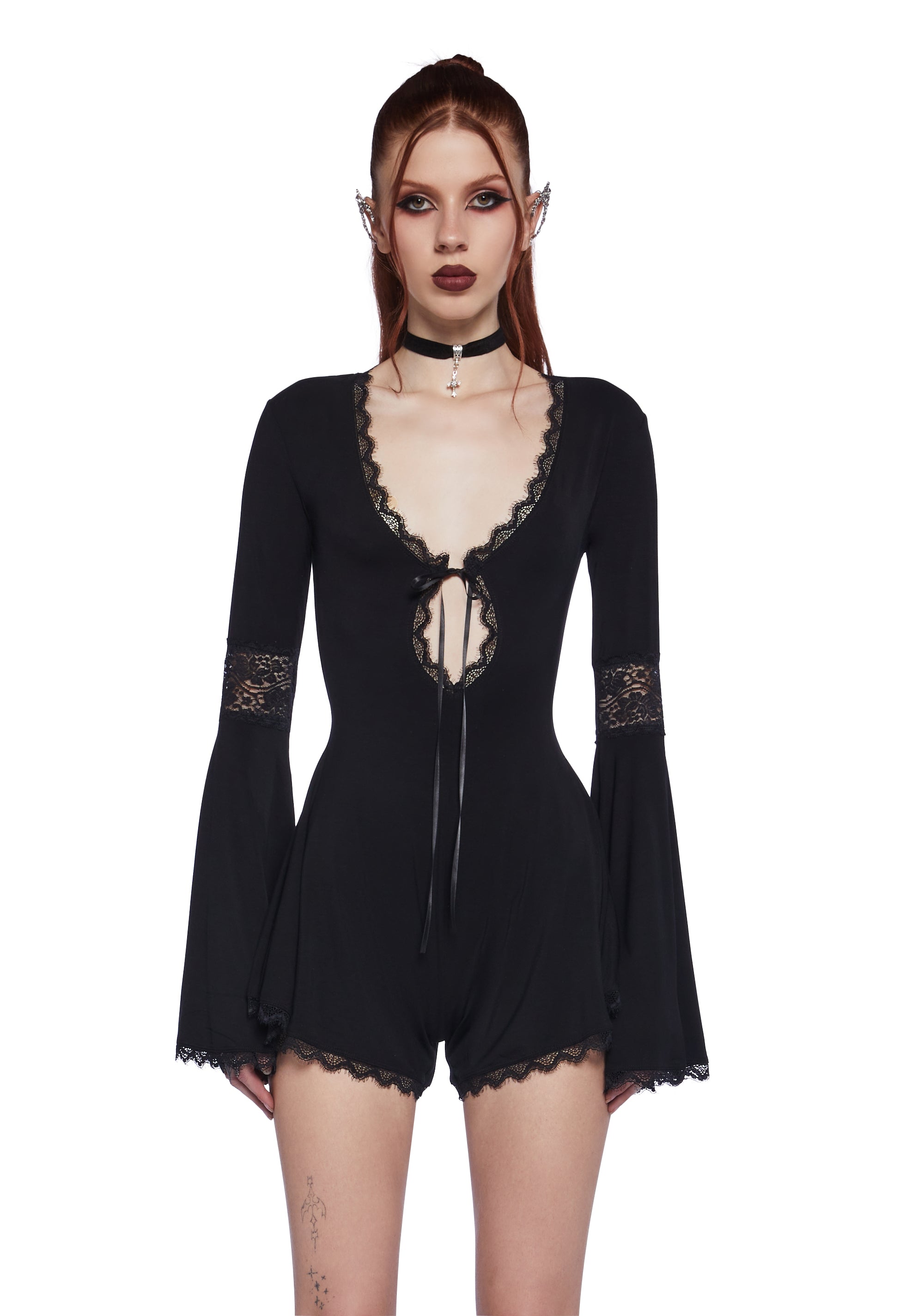 Widow Goth Stretchy Knit Lace Romper - Black – Dolls Kill