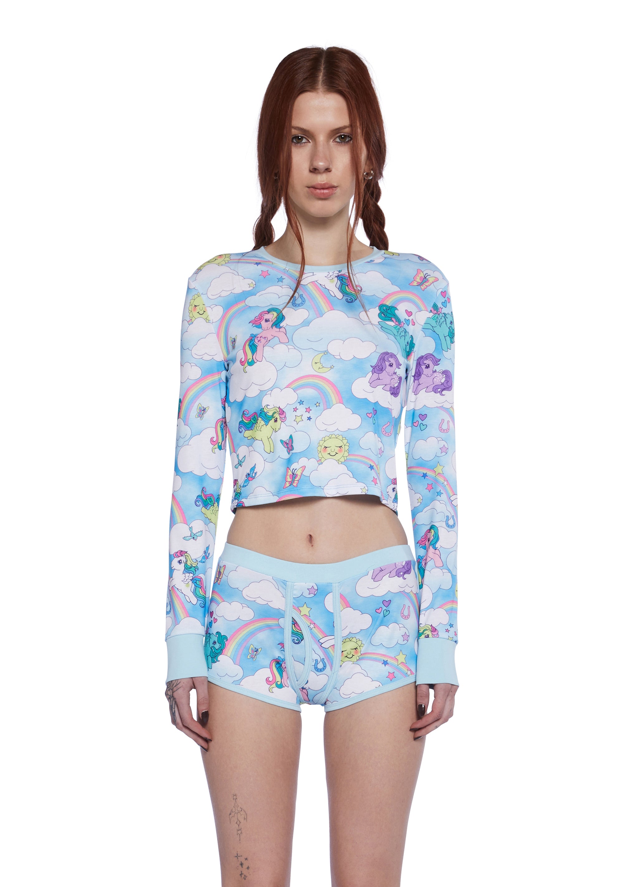 Dolls Kill x My Little Pony Rainbow Cloud Print Long Sleeve Top And Boy Shorts PJ Sleepwear Set ...