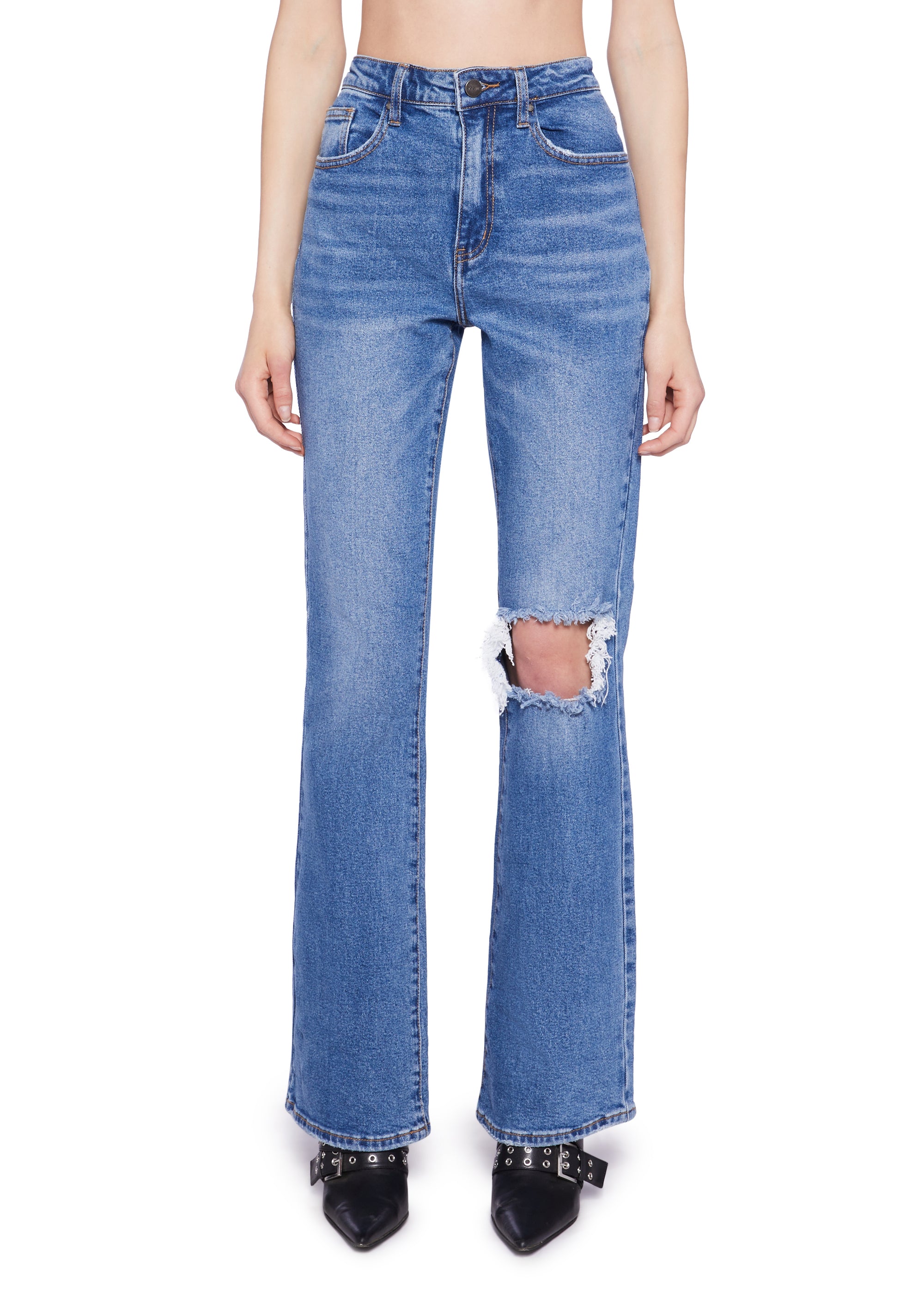 Dogma Distressed Flare Jeans - Blue – Dolls Kill