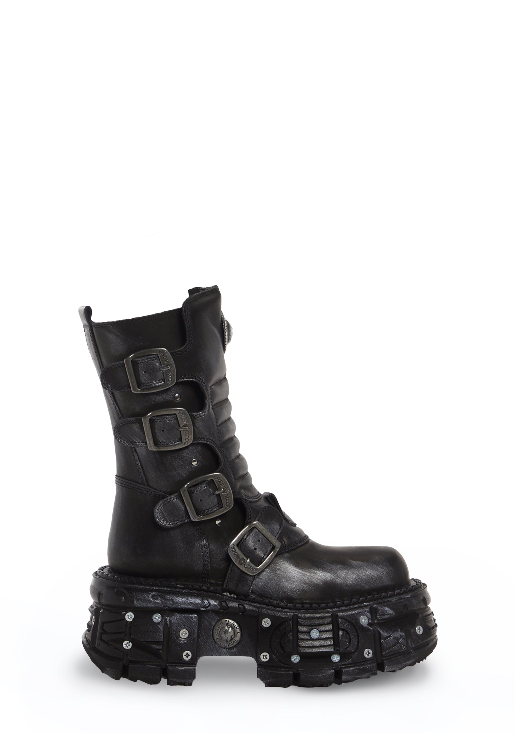 New Rock Leather Buckle Silver Hardware Platform Boots - Black – Dolls Kill