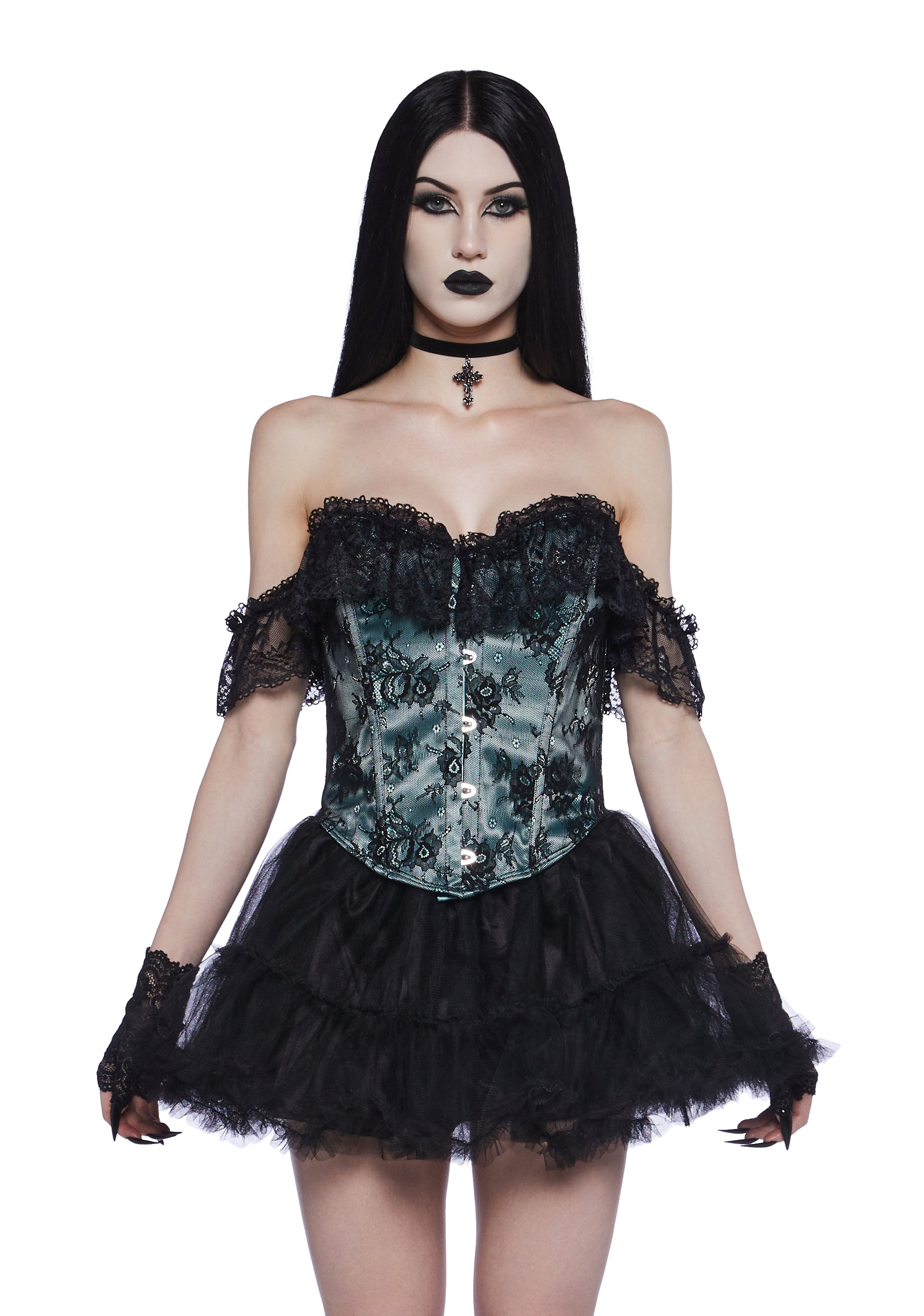 Widow Goth Lolita Satin Lace Off-The-Shoulder Lace-Up Corset Top - Blue ...