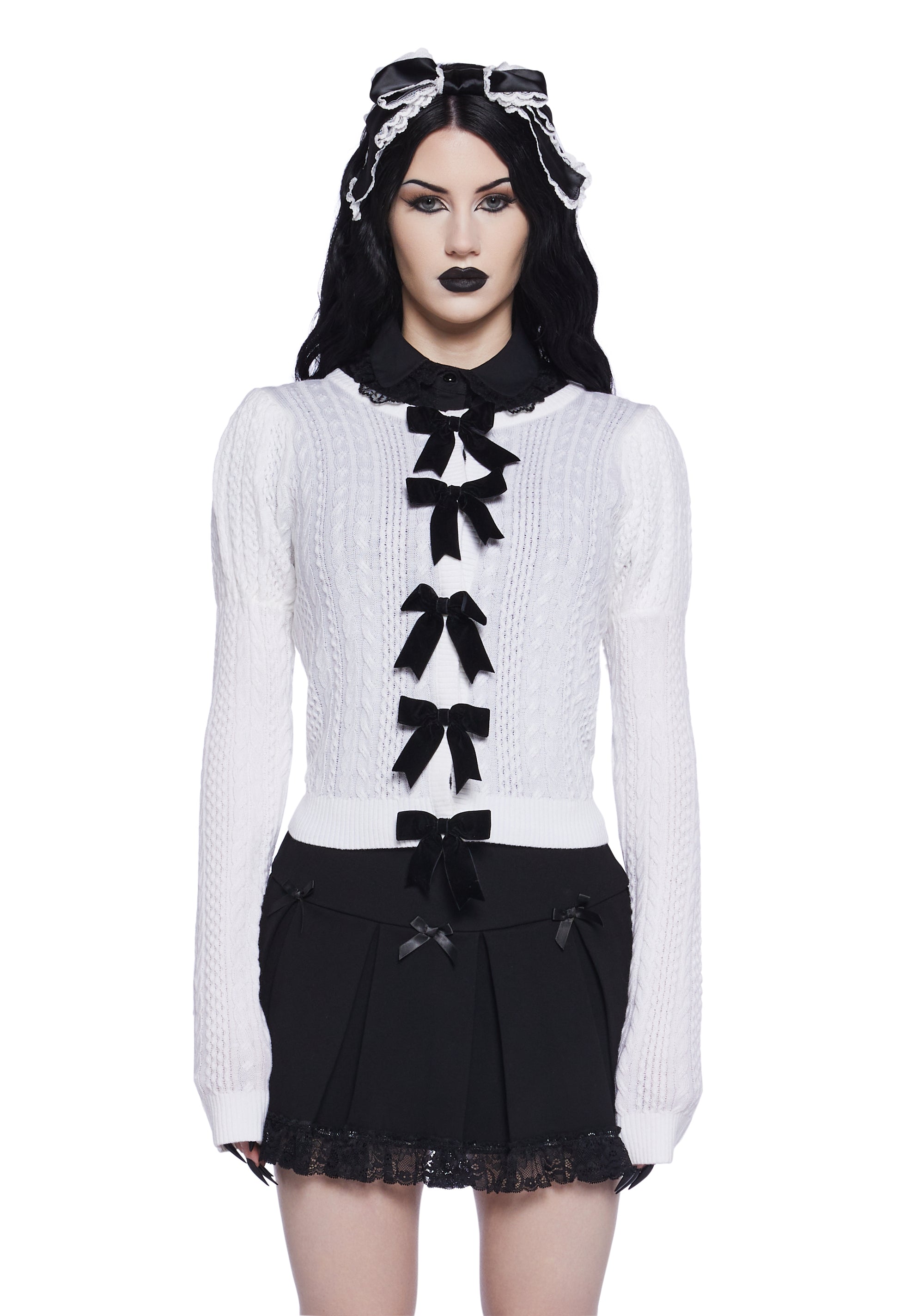 Widow Goth Lolita Cable Knit Bow Cardigan - White – Dolls Kill