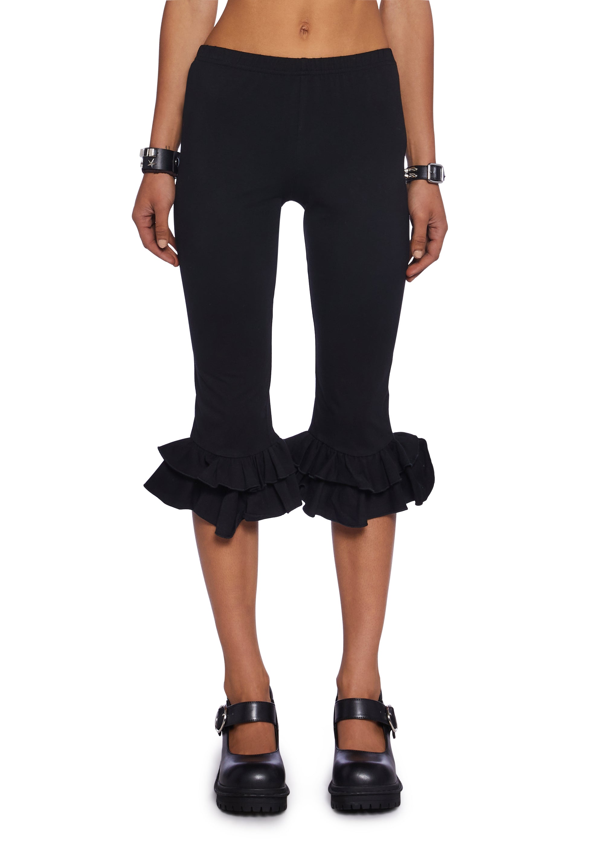 Current Mood Stretchy Knit Ruffled Leg Capri Pants - Black – Dolls Kill
