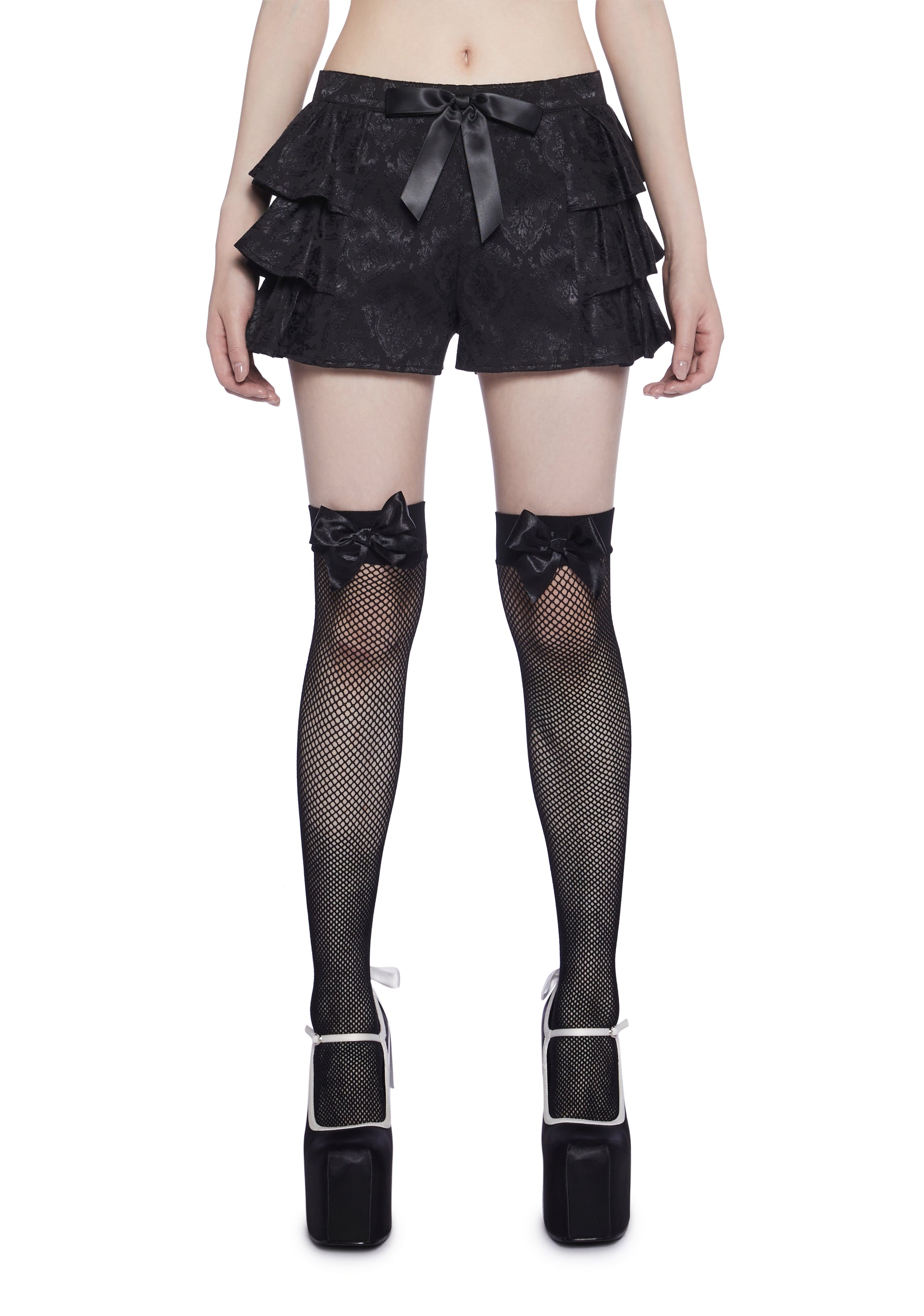 Widow Brocade Ruffled Shorts With Bow Goth - Black – Dolls Kill