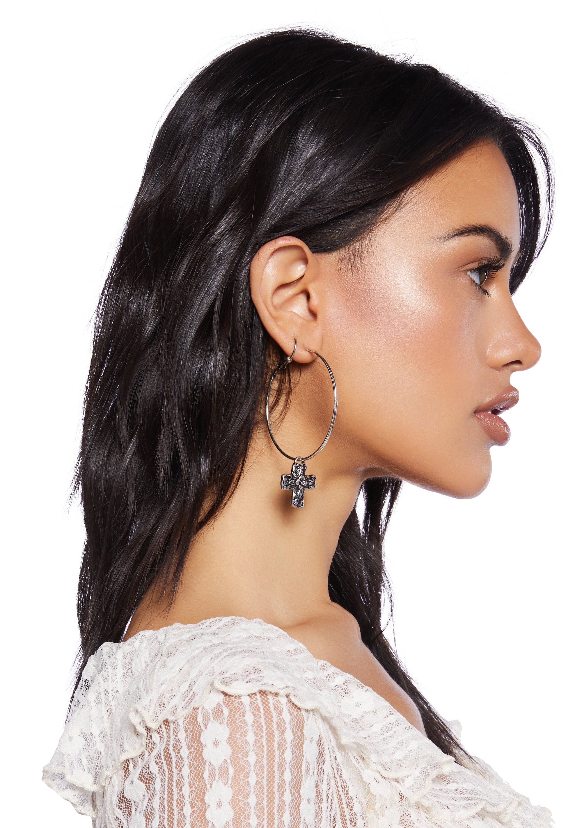 Floral Cross Hoop Earrings - Silver – Dolls Kill