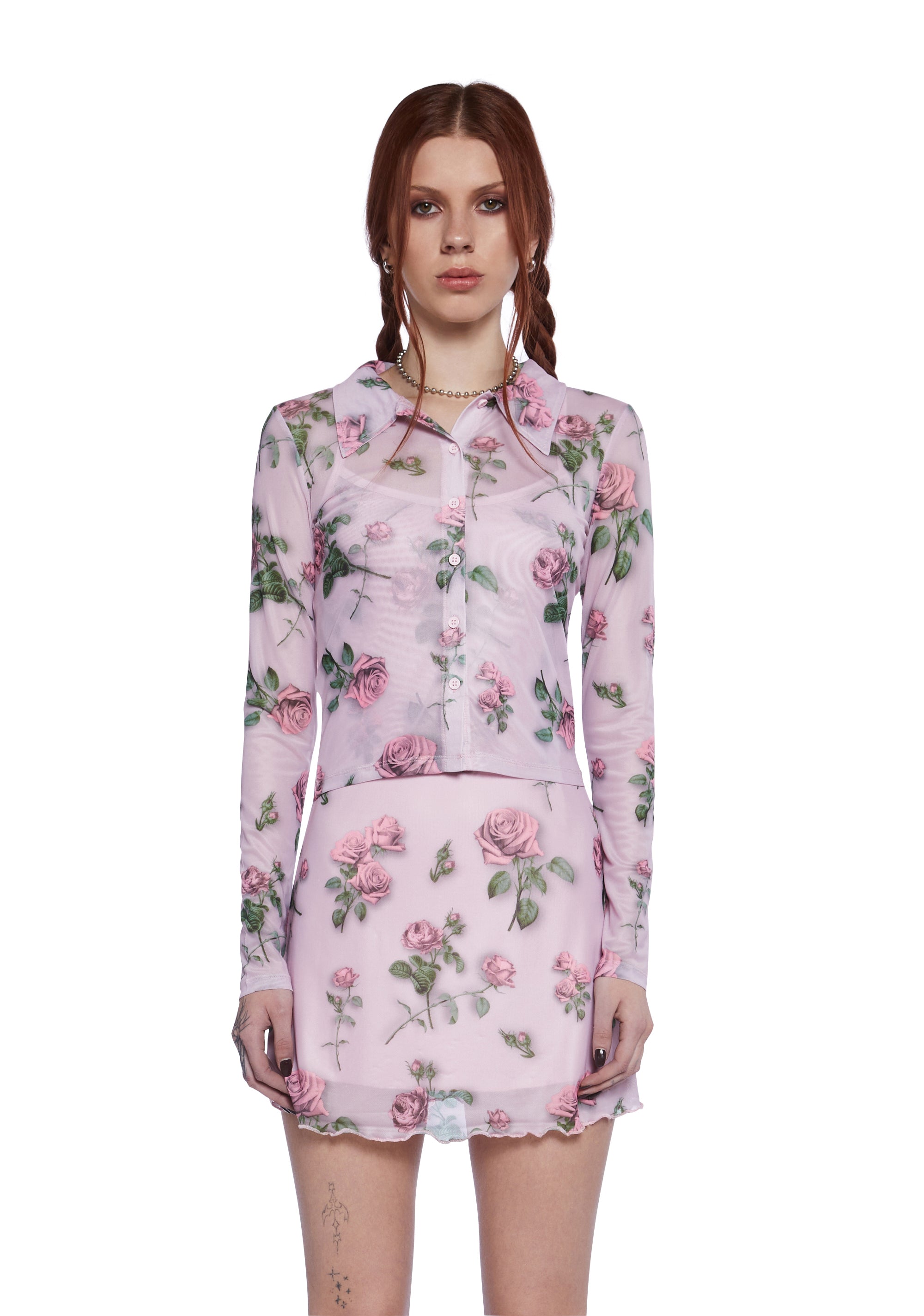 Delia's Stretchy Mesh Rose Button Down Dress Set - Pink – Dolls Kill