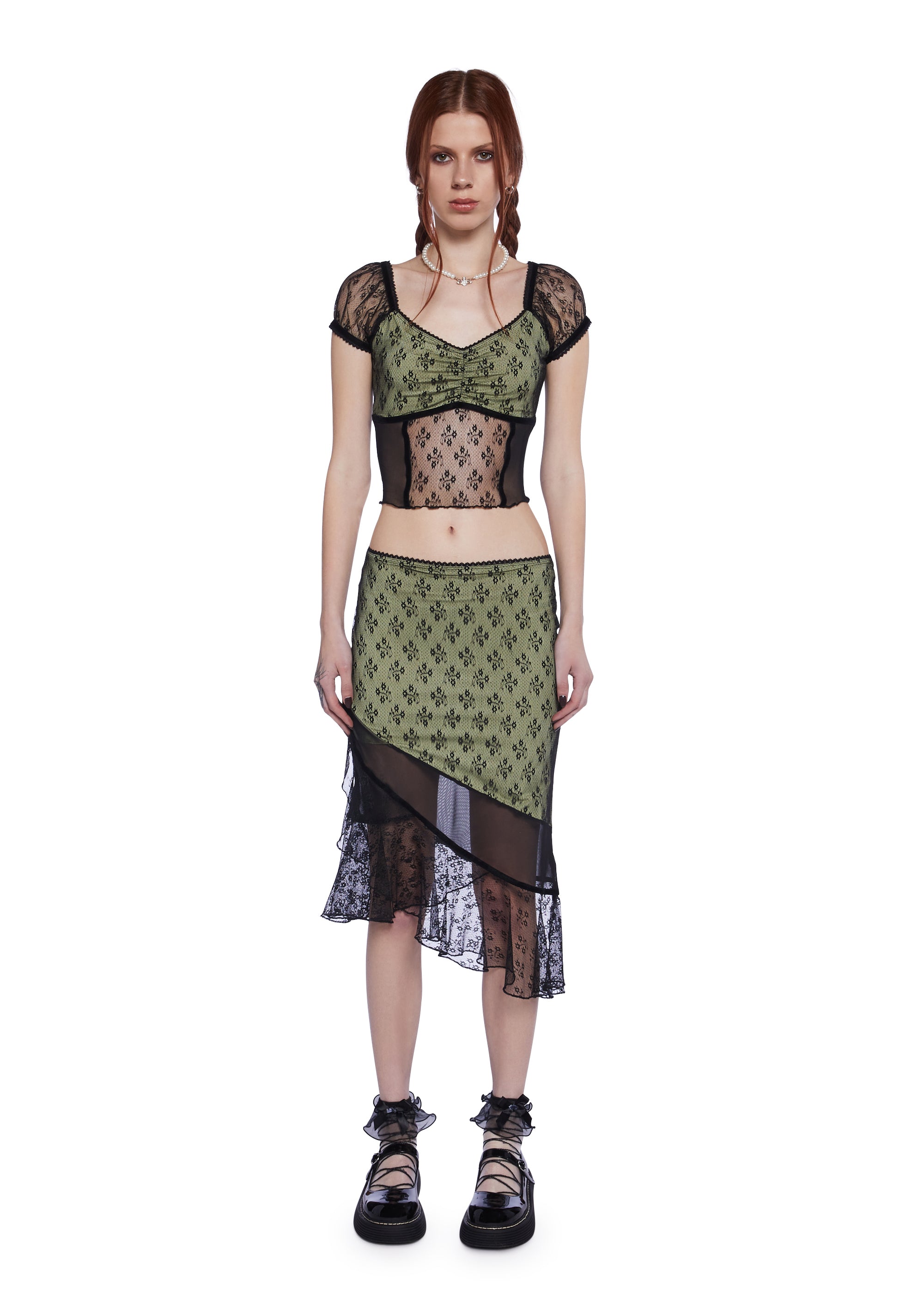 Delia's Stretchy Floral Mesh Lace Asymmetrical Hem Skirt Set - – Dolls Kill
