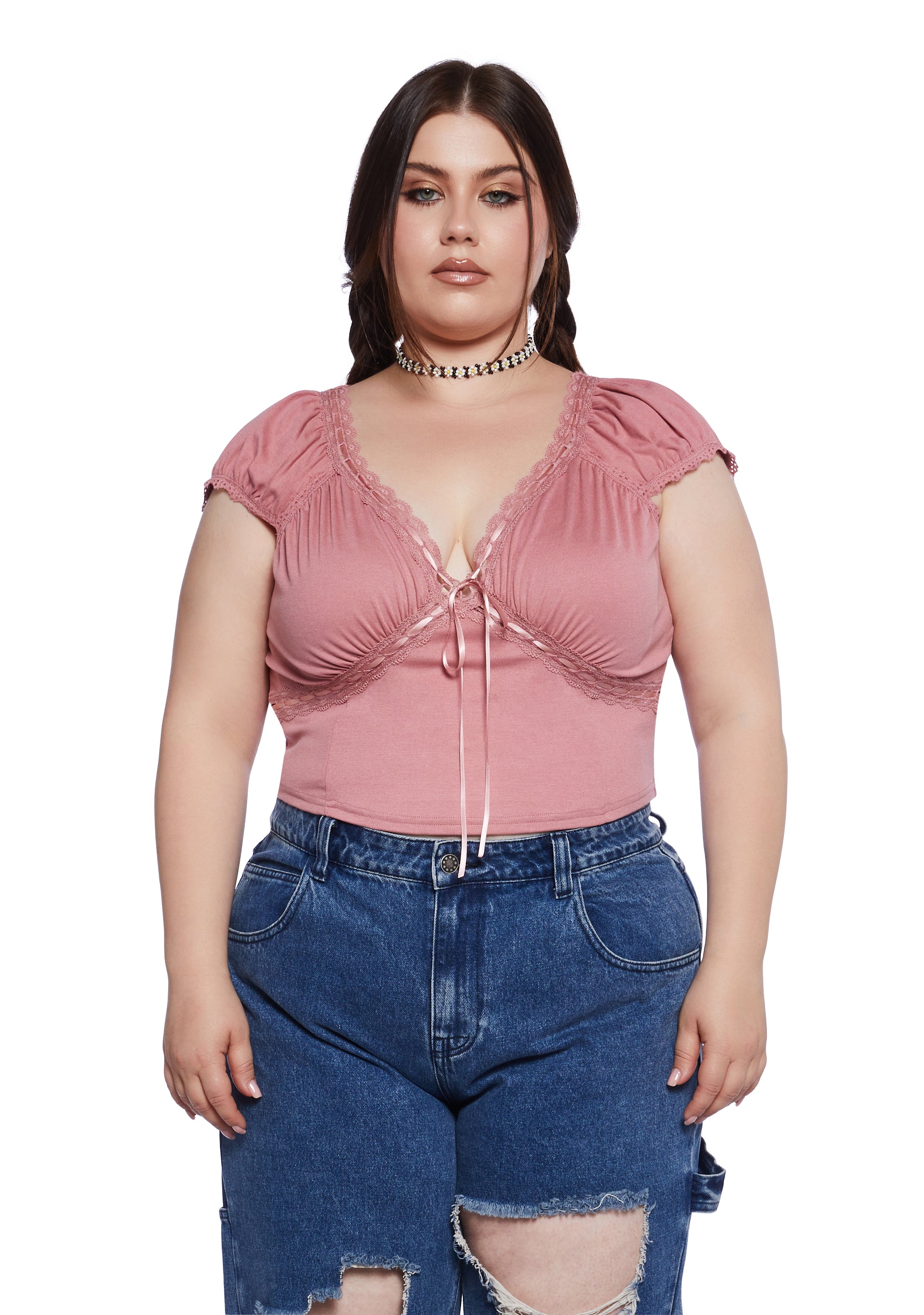 Plus Size Delia's Soft Girl Grunge Puff Sleeve Lace Top - Pink – Dolls Kill