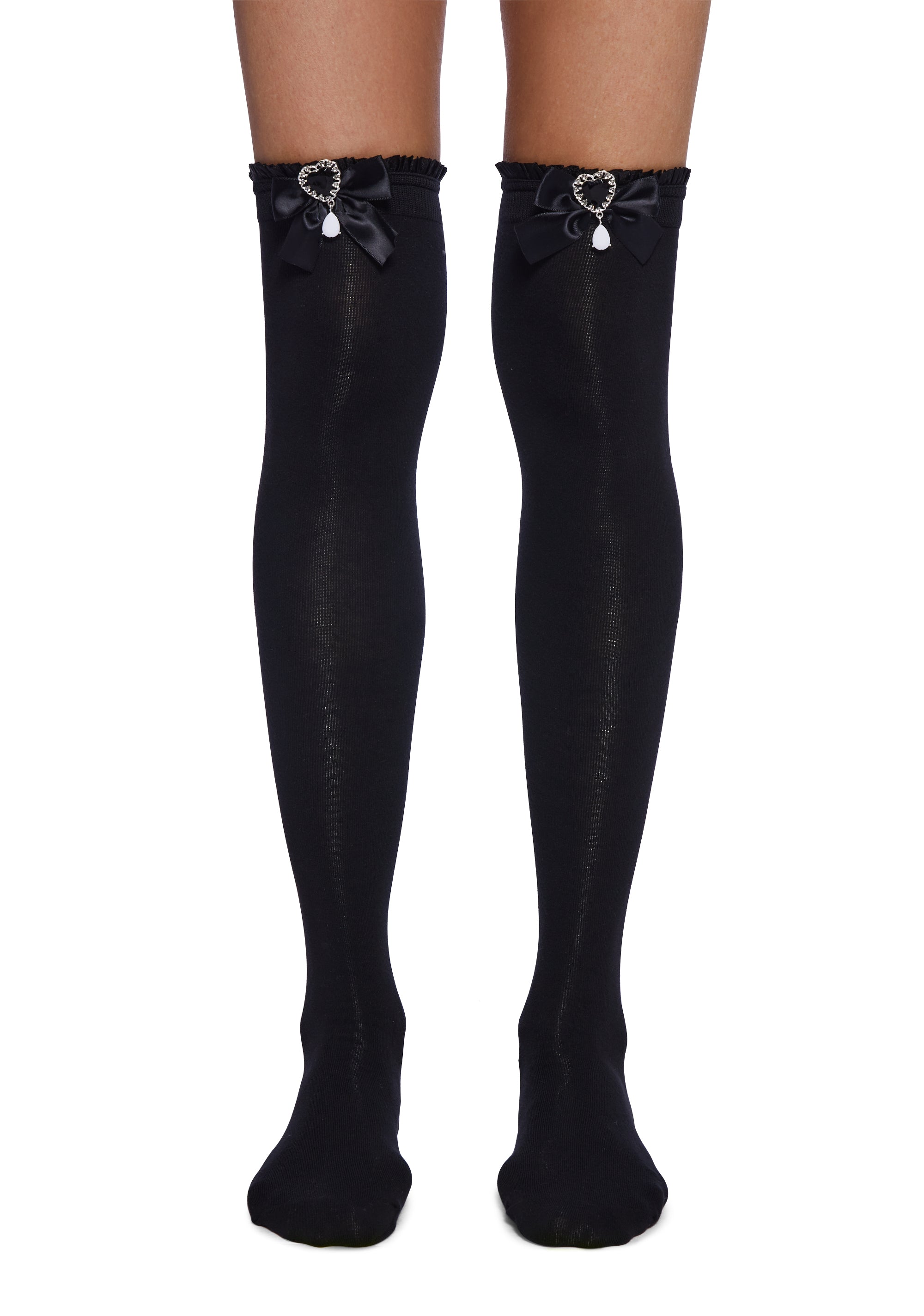 Ruffled Bow Heart Opaque Thigh High Socks - Black – Dolls Kill