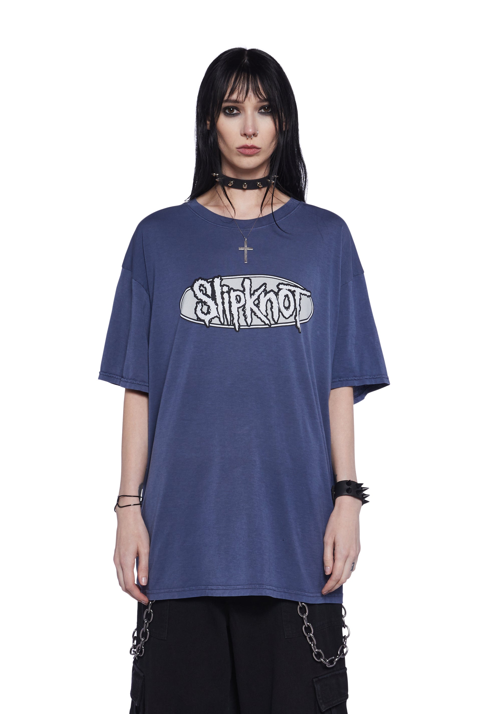 Dolls Kill x Slipknot Band Logo Washed Knit Oversized Graphic Tee - Blue