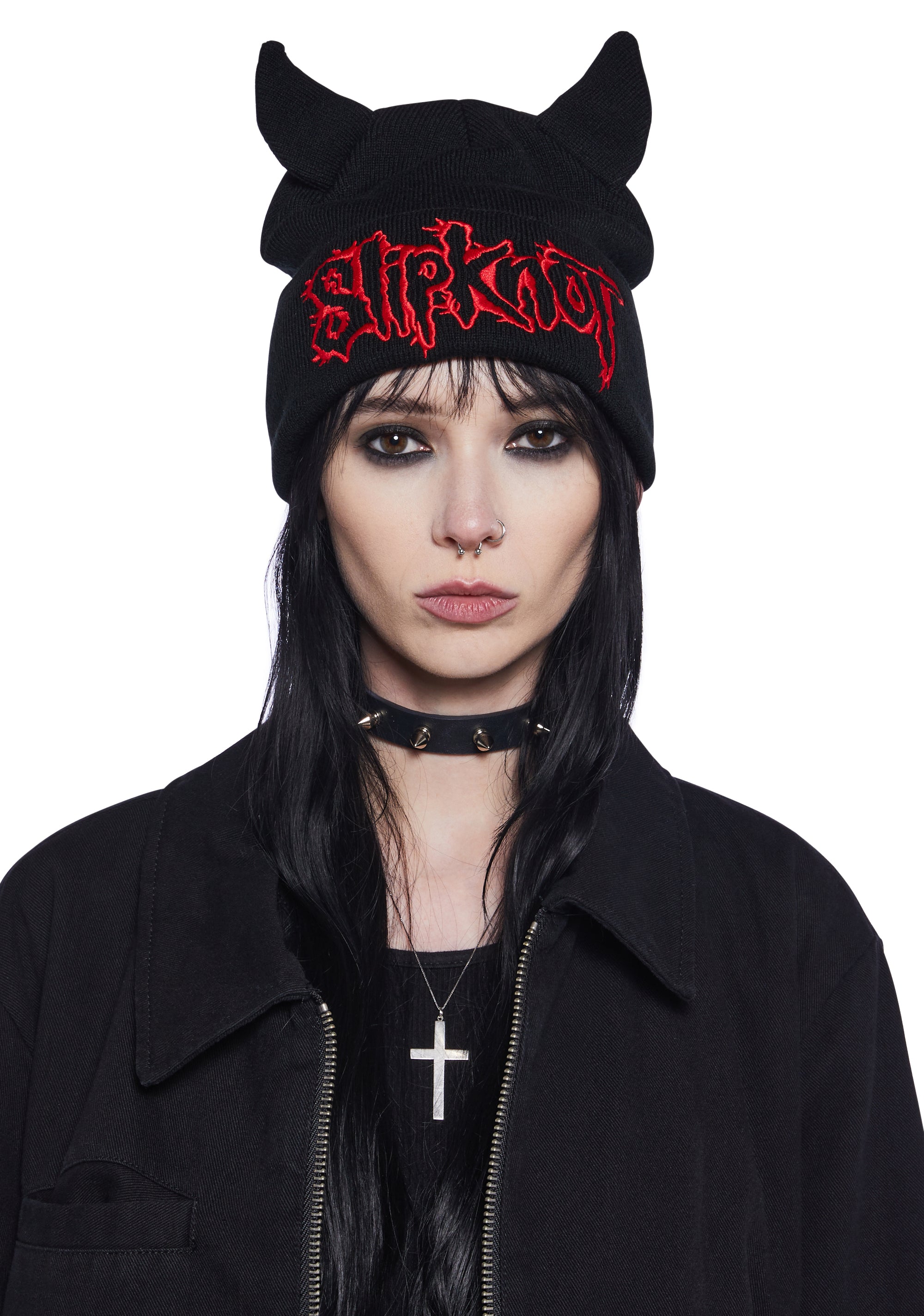 Dolls Kill x Slipknot Band Logo Devil Horns Knit Beanie - Black