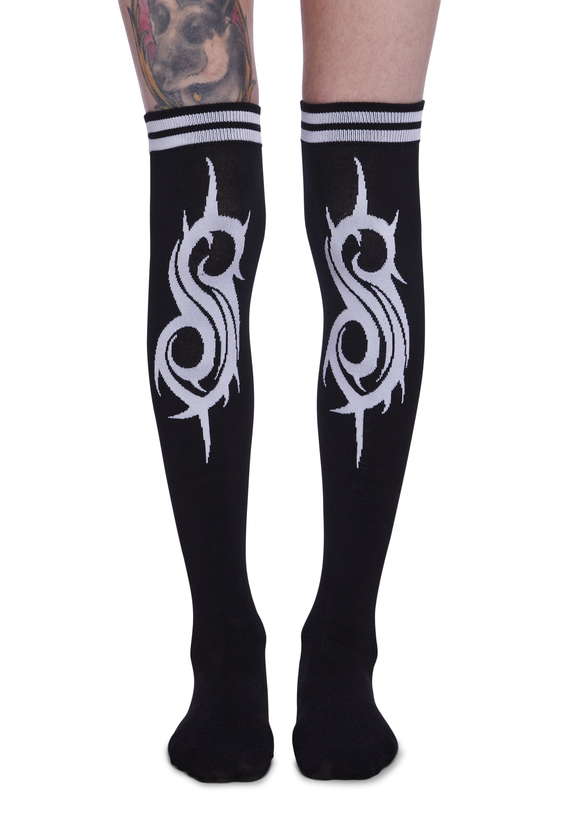 Dolls Kill X Slipknot Band Logo Striped Thigh High Socks Black