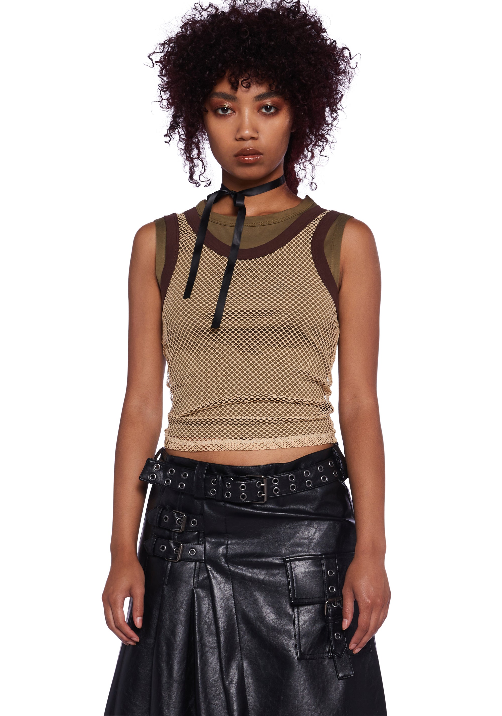 Current Mood Stretchy Knit Sheer Fishnet Overlay Tank Top - Multi ...