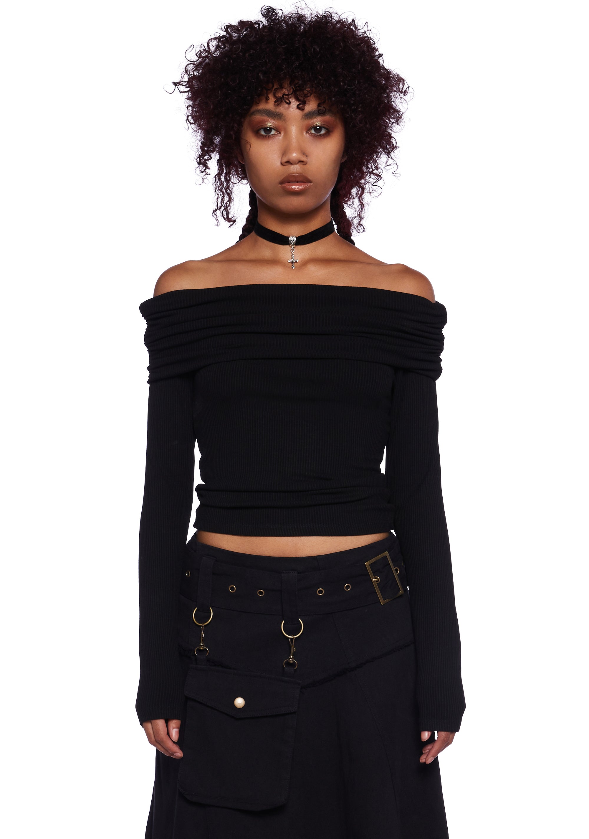 Current Mood Knit Ribbed Off The Shoulder Long Sleeve Top - Black ...