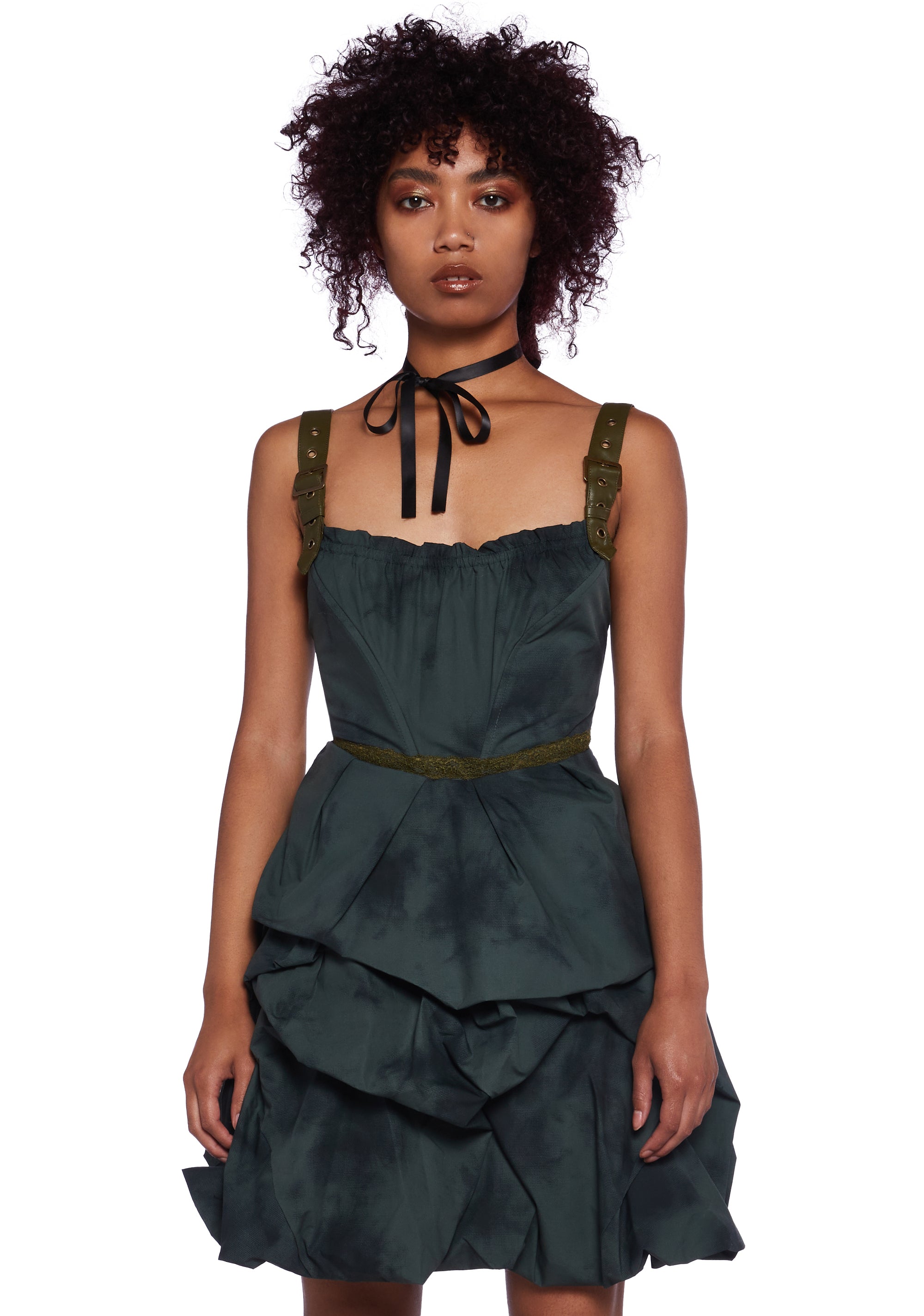 Current Mood Twill Bubble Gathered Skirt Mini Dress - Green – Dolls Kill