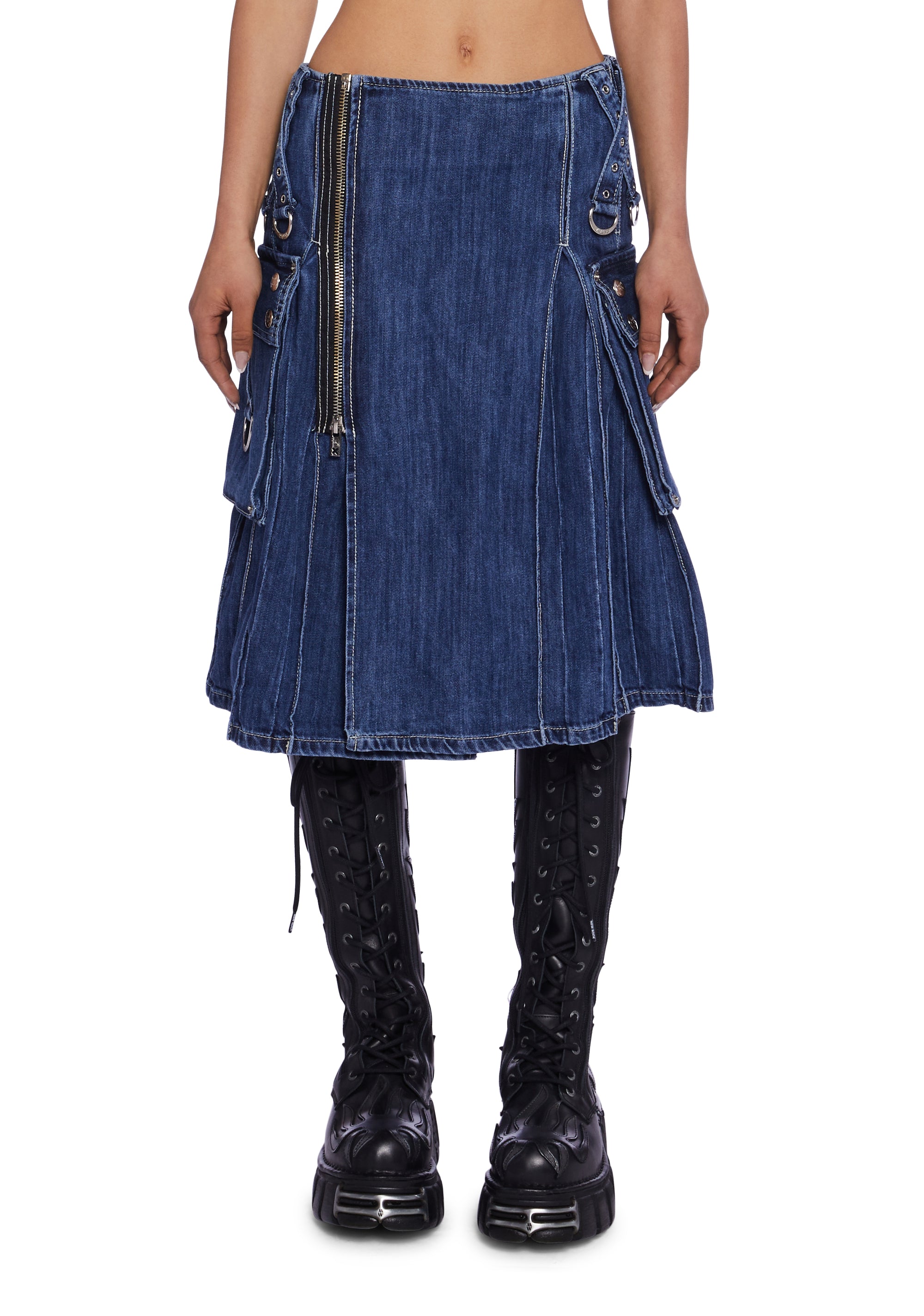 Tripp NYC Denim Kilt Skirt With Zippers - Blue – Dolls Kill