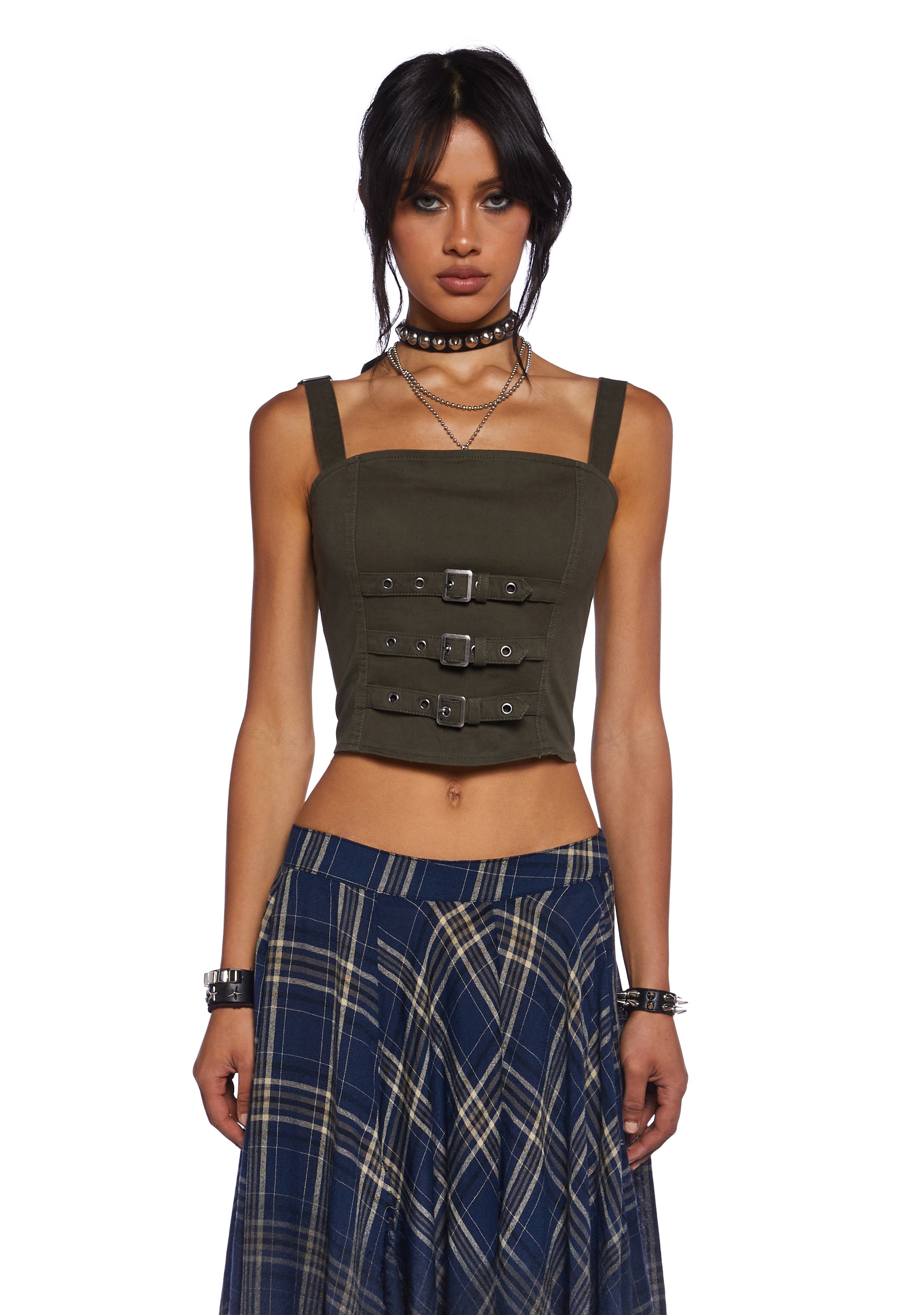 Current Mood Stretchy Twill Buckled Corset Top - Green – Dolls Kill