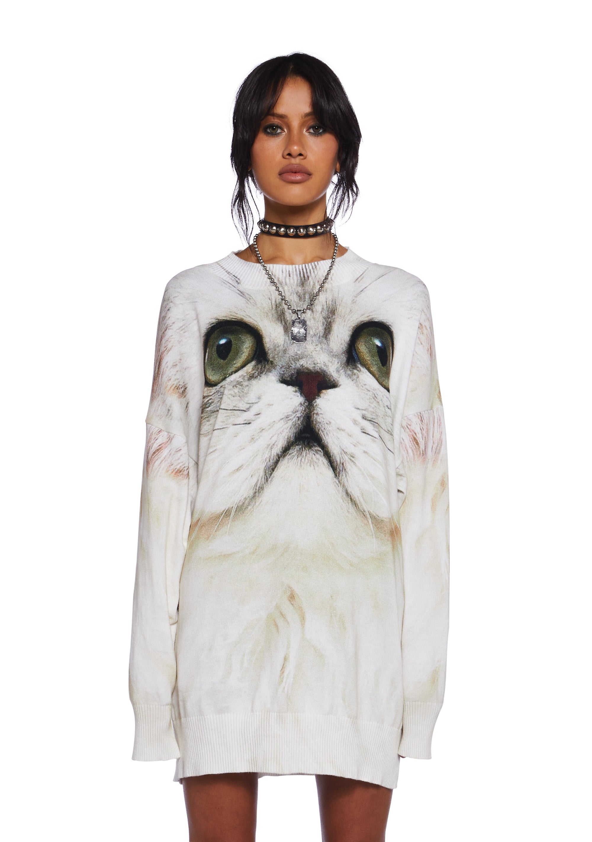 Current Mood Cat Kitty Kitten Face Graphic Oversized Knit Sweater ...