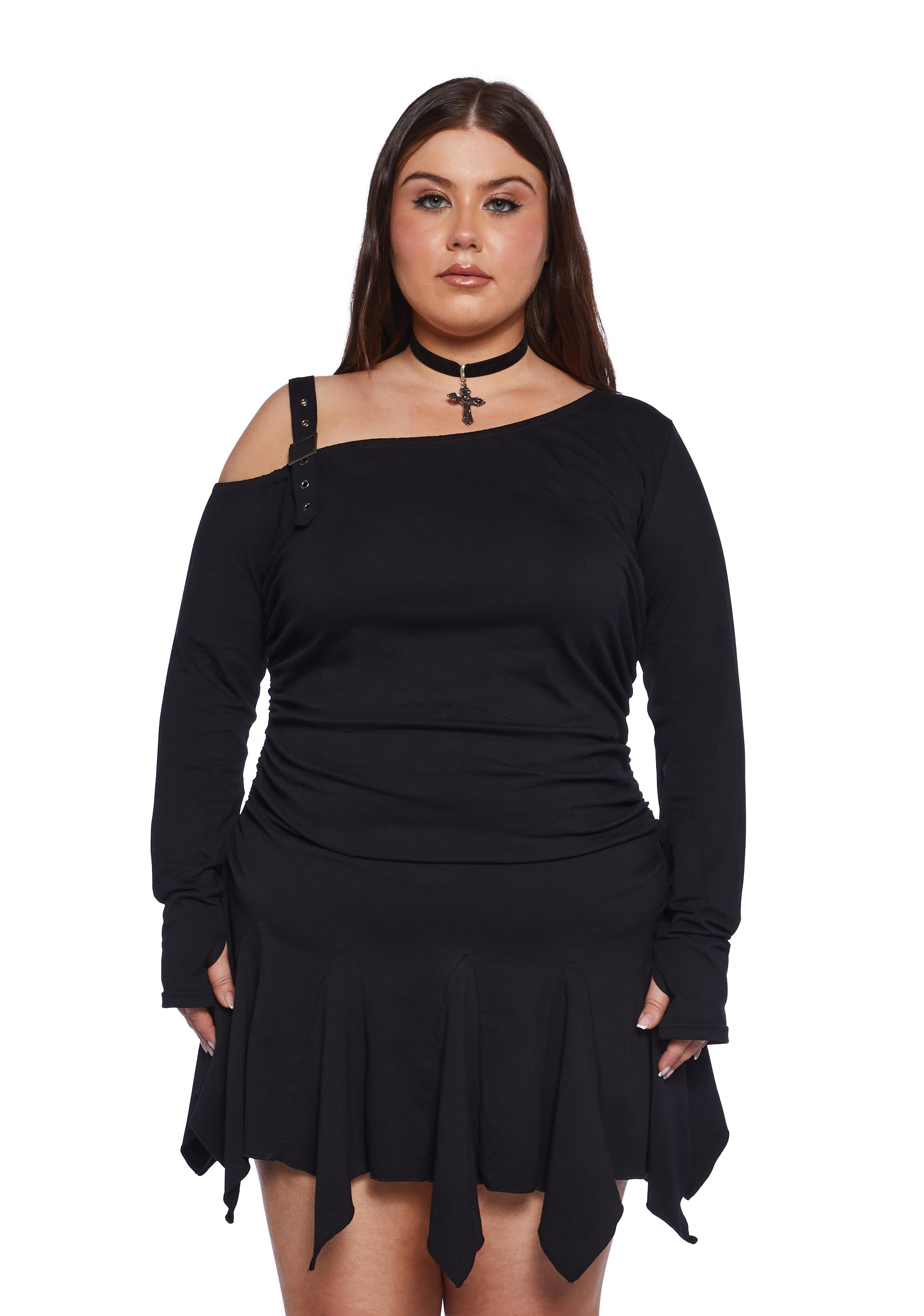 Plus Size Current Mood Buckle Detail Long Sleeve Mini Dress With Godet ...