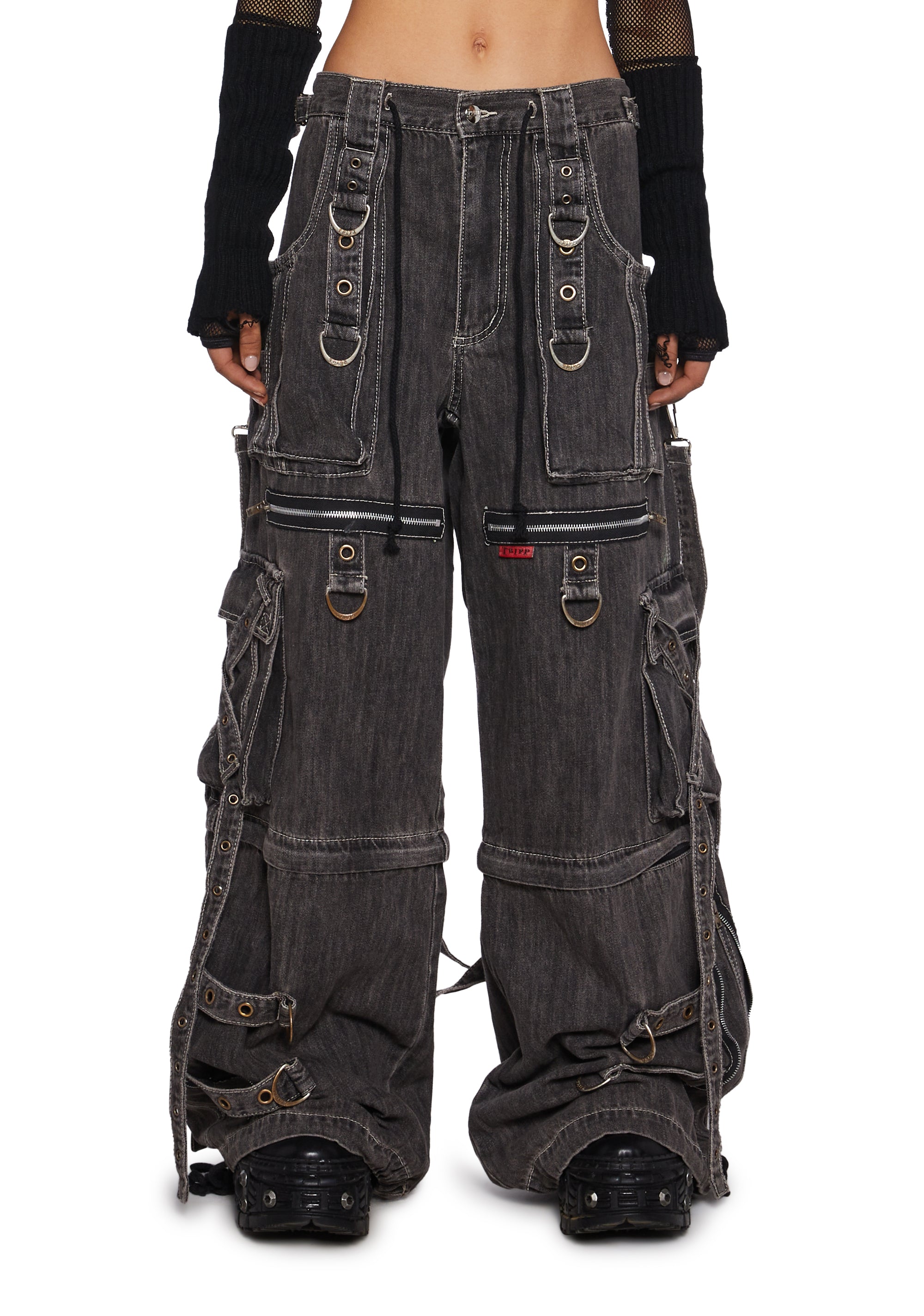 Tripp NYC Washed Denim Jeans With Straps Cargo Pockets - Black – Dolls Kill