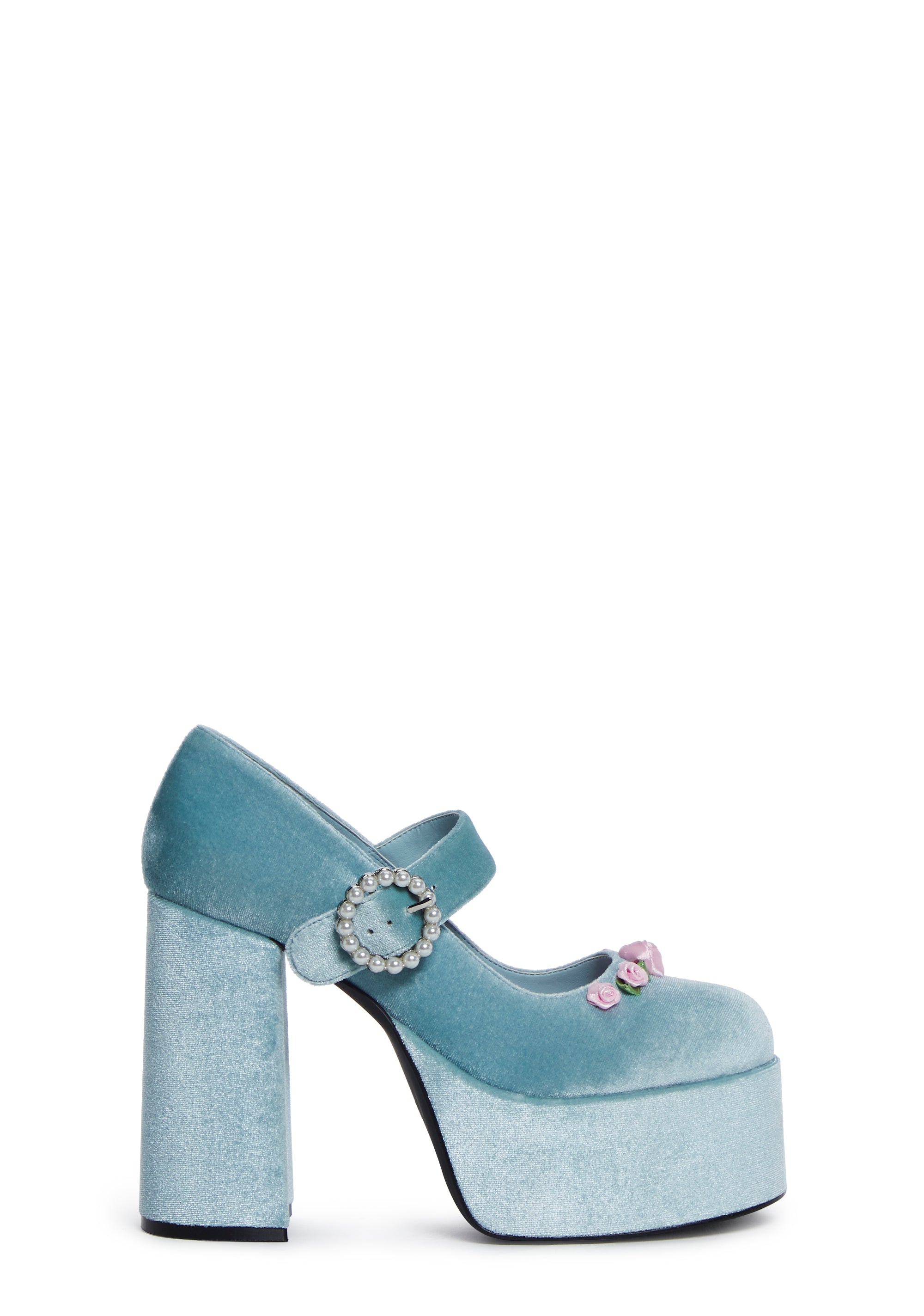 Sugar Thrillz Girly Velvet Rosebud Platform Mary Jane Heels - Light ...