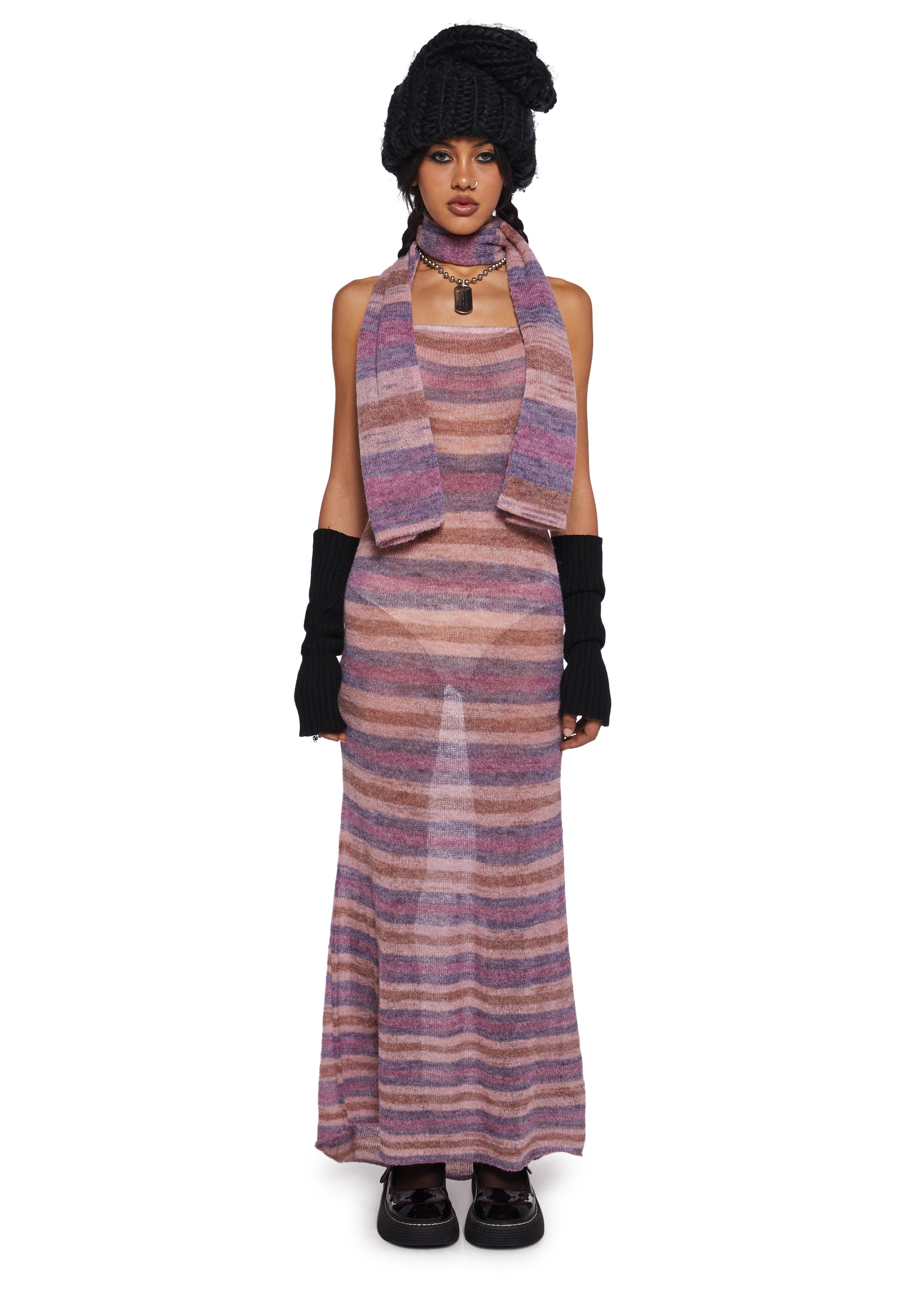 Current Mood Space Dye Knit Maxi Dress And Scarf Set - Multi – Dolls Kill