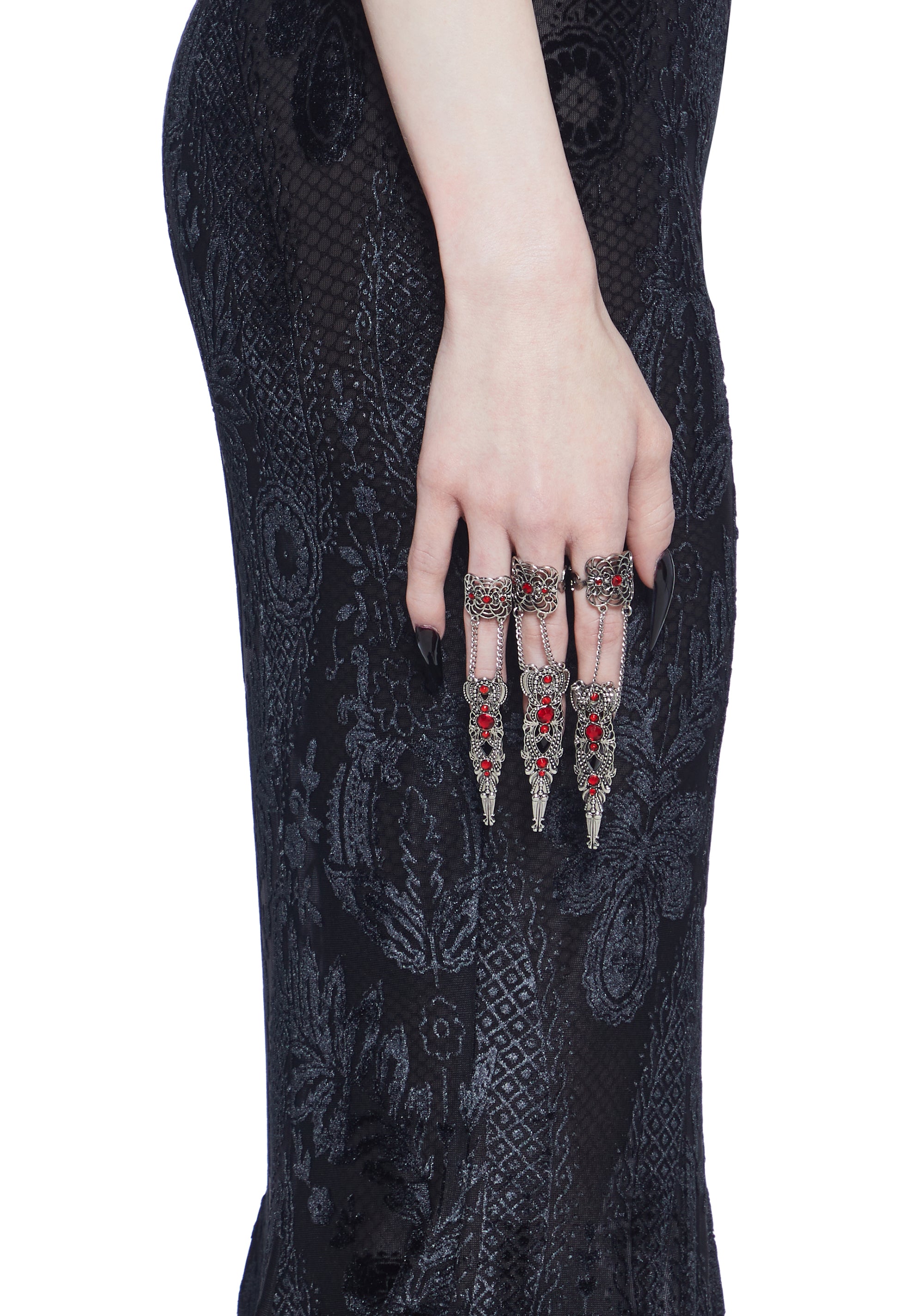 Widow Goth Intricate Gemstone Nail Rings - Silver – Dolls Kill