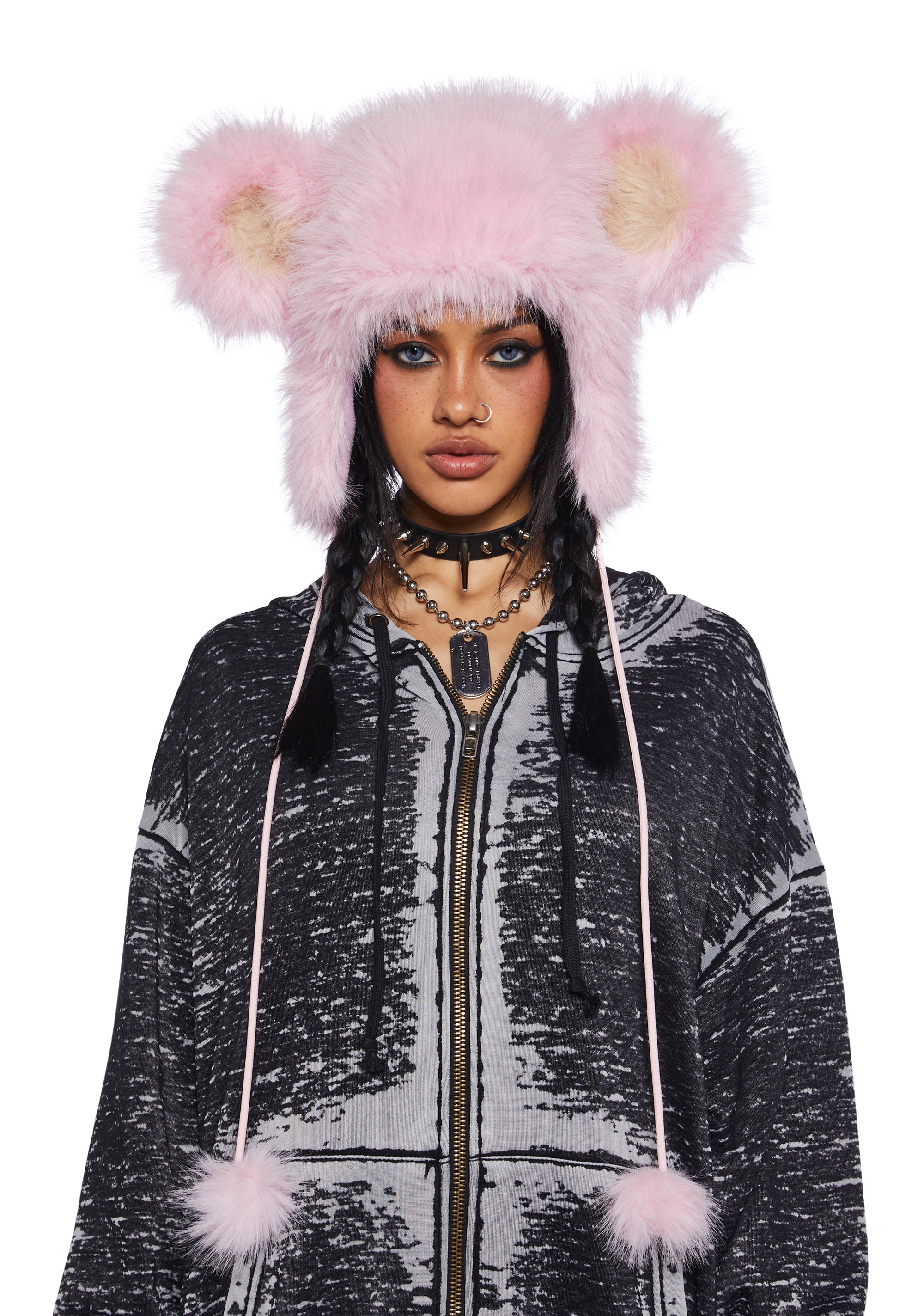 Current Mood Punquetee Punk Rock Fuzzy Faux Fur Pom-Pom Bear Hat - Pink ...