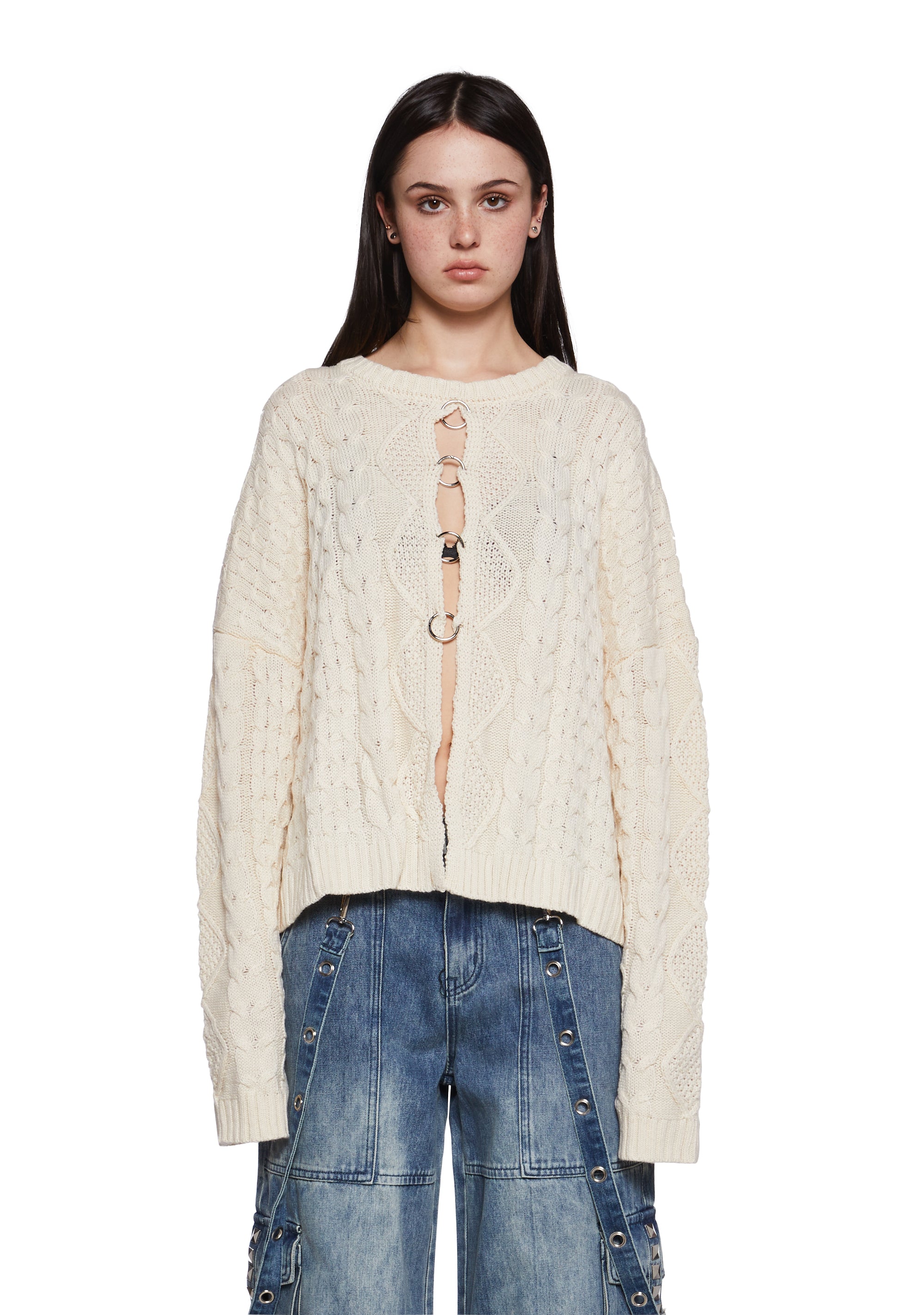 The Ragged Priest Split Front Knit Sweater With O Ring Hardware - Off ...