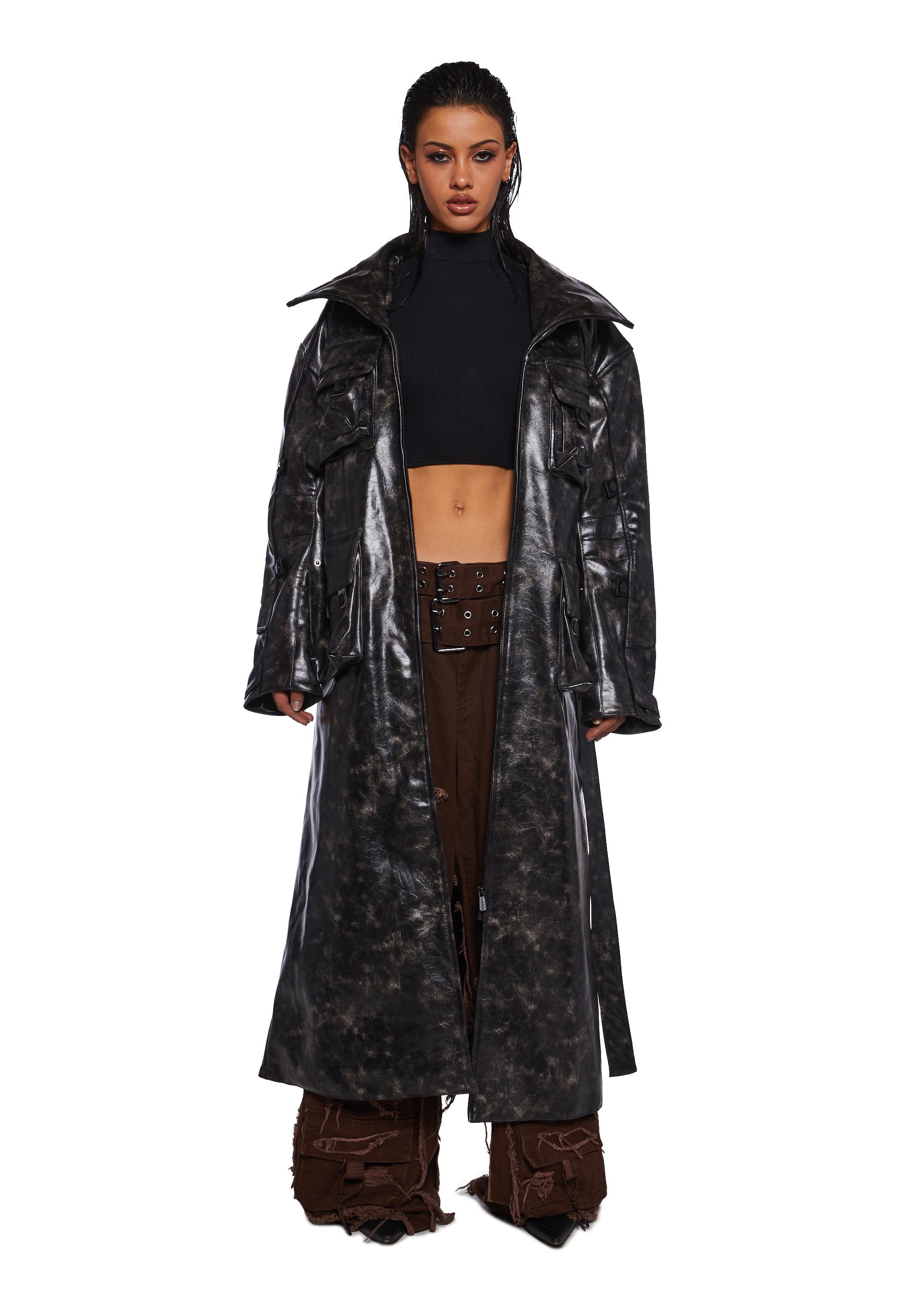 Namilia Vegan Leather Distressed Oversized Coat With Pockets - Black ...