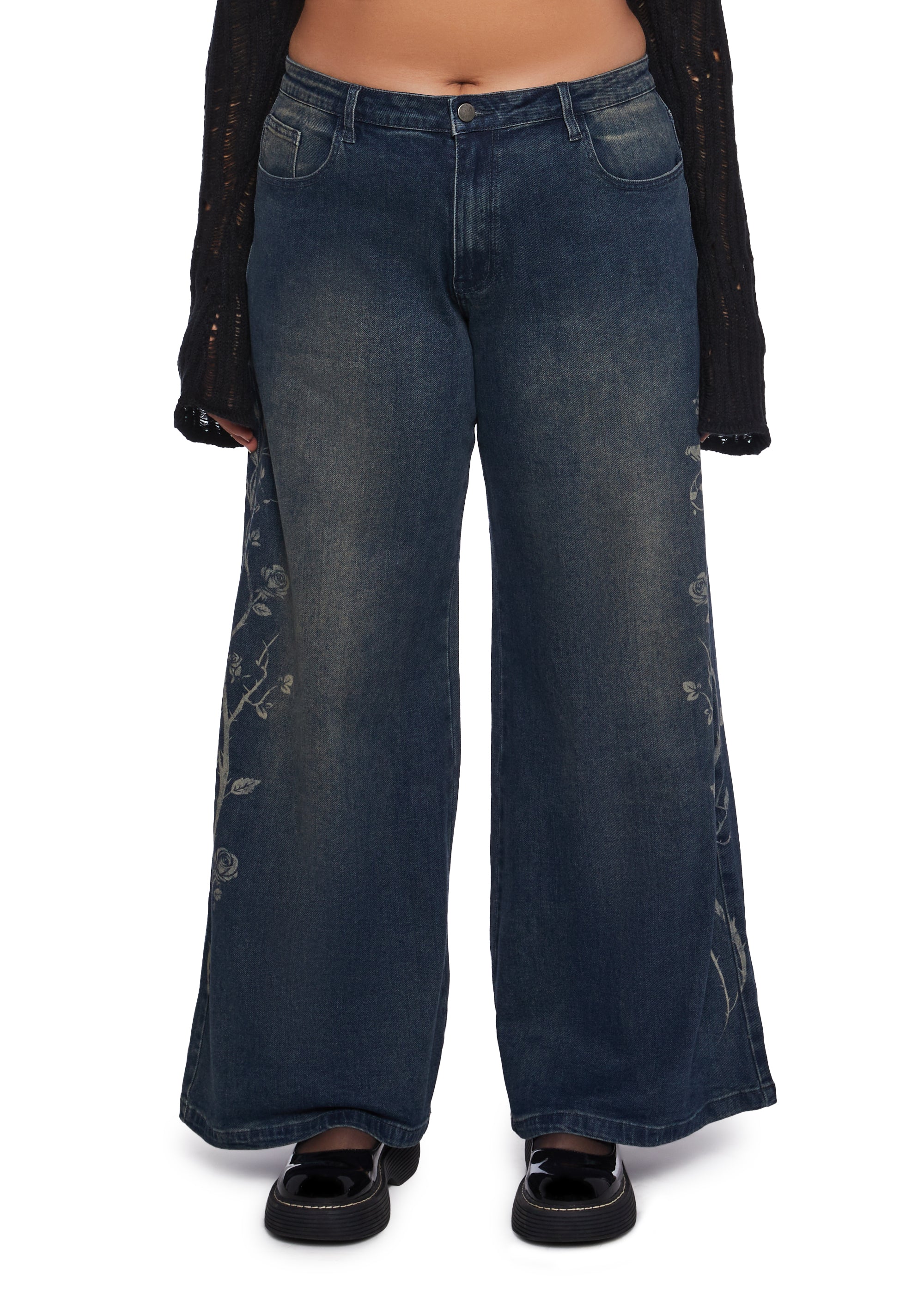 Plus Size Rose Graphic Wide Leg Jeans 90s Y2K Current Mood - Blue ...
