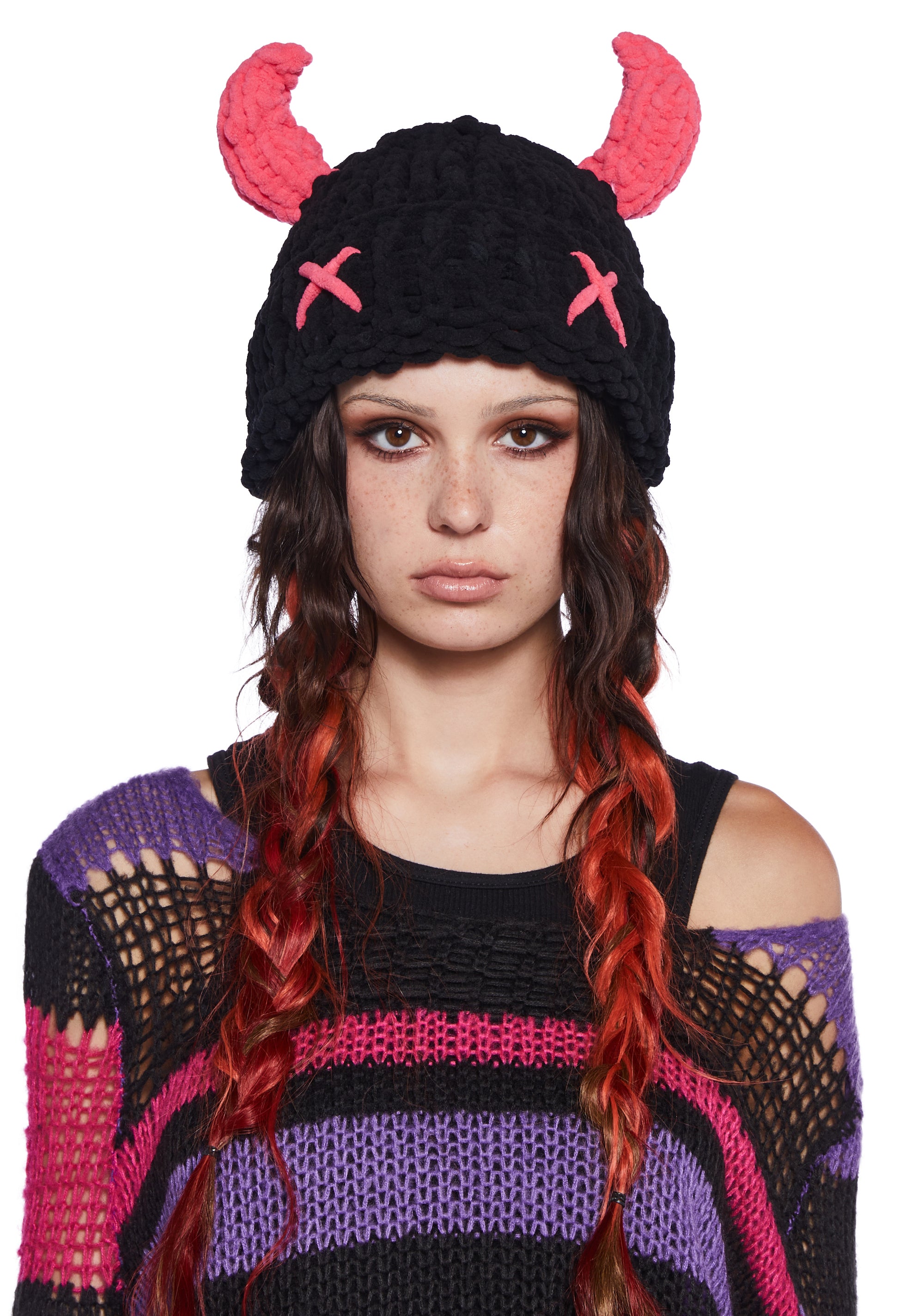 Cable Knit Beanie With Ears And Embroidered Dead Eyes Goth - Black/Pink ...