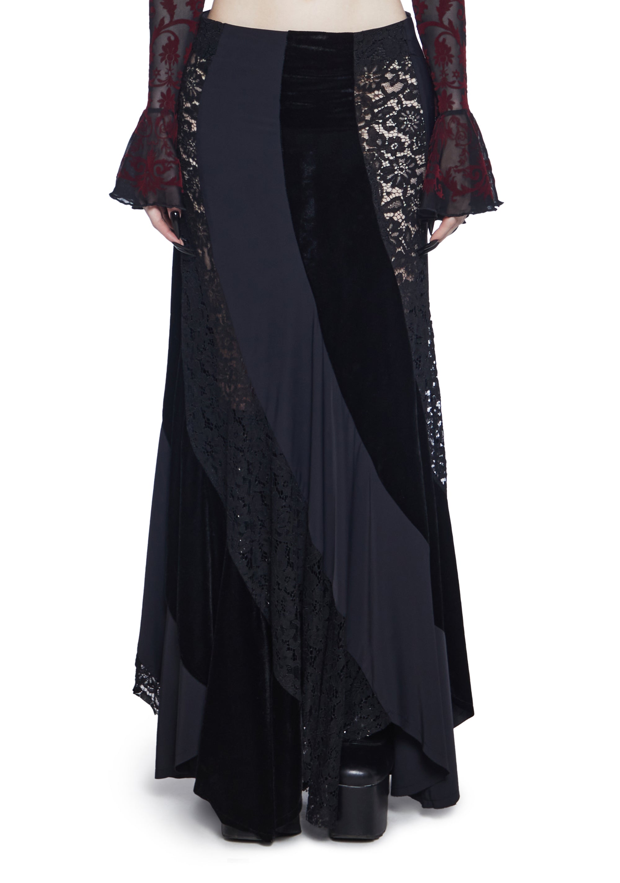 Widow Vampire Goth Sheer Lace Satin Velvet Patchwork Maxi Skirt - Multi ...