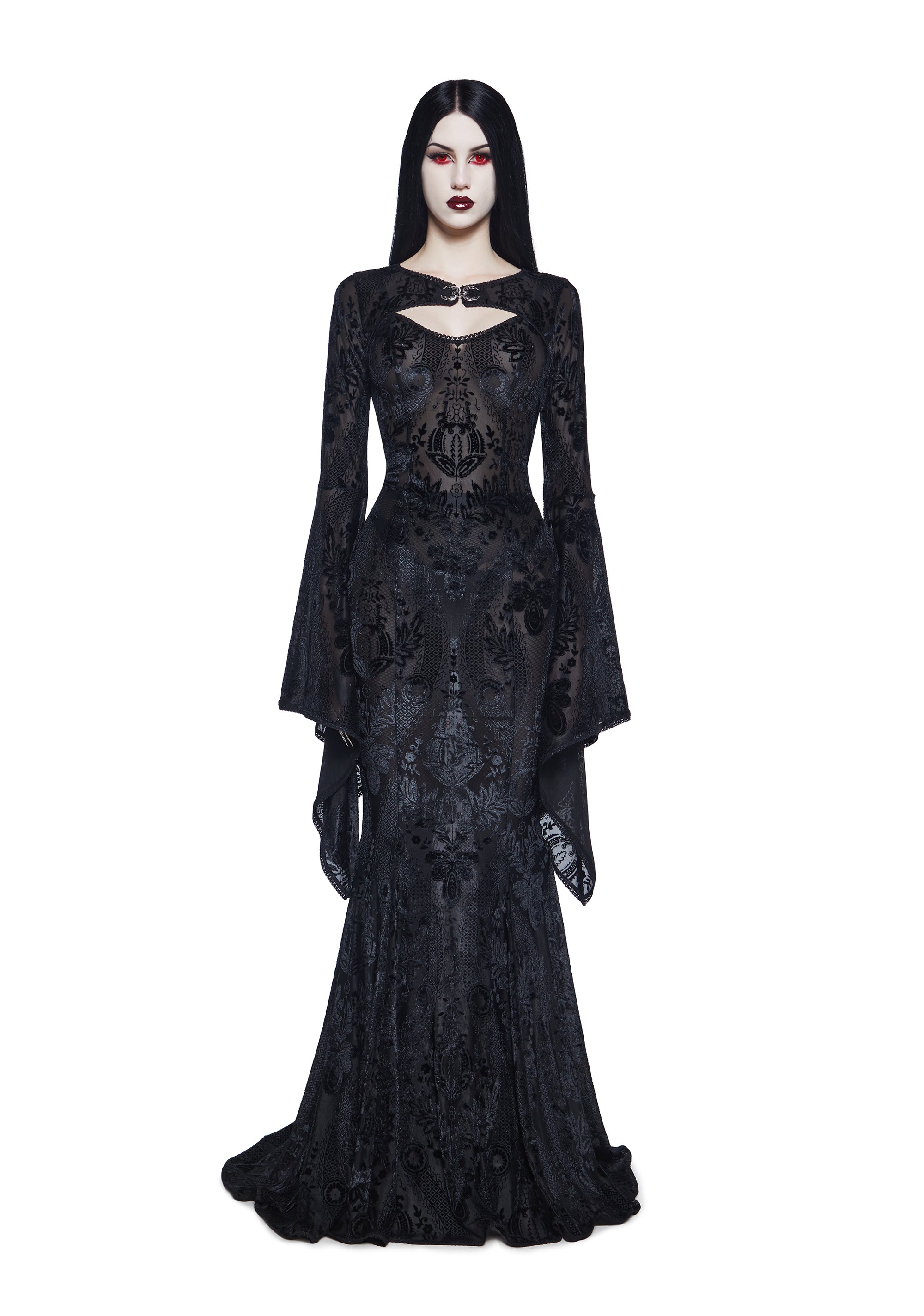Widow Vampire Goth Velvet Flocked Maxi Dress And Shrug Set - Black ...